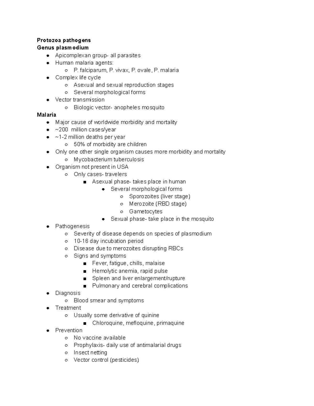 Protozoa pathogens - Dr. Adam Aurther Leff, exam 4 notes - Protozoa ...