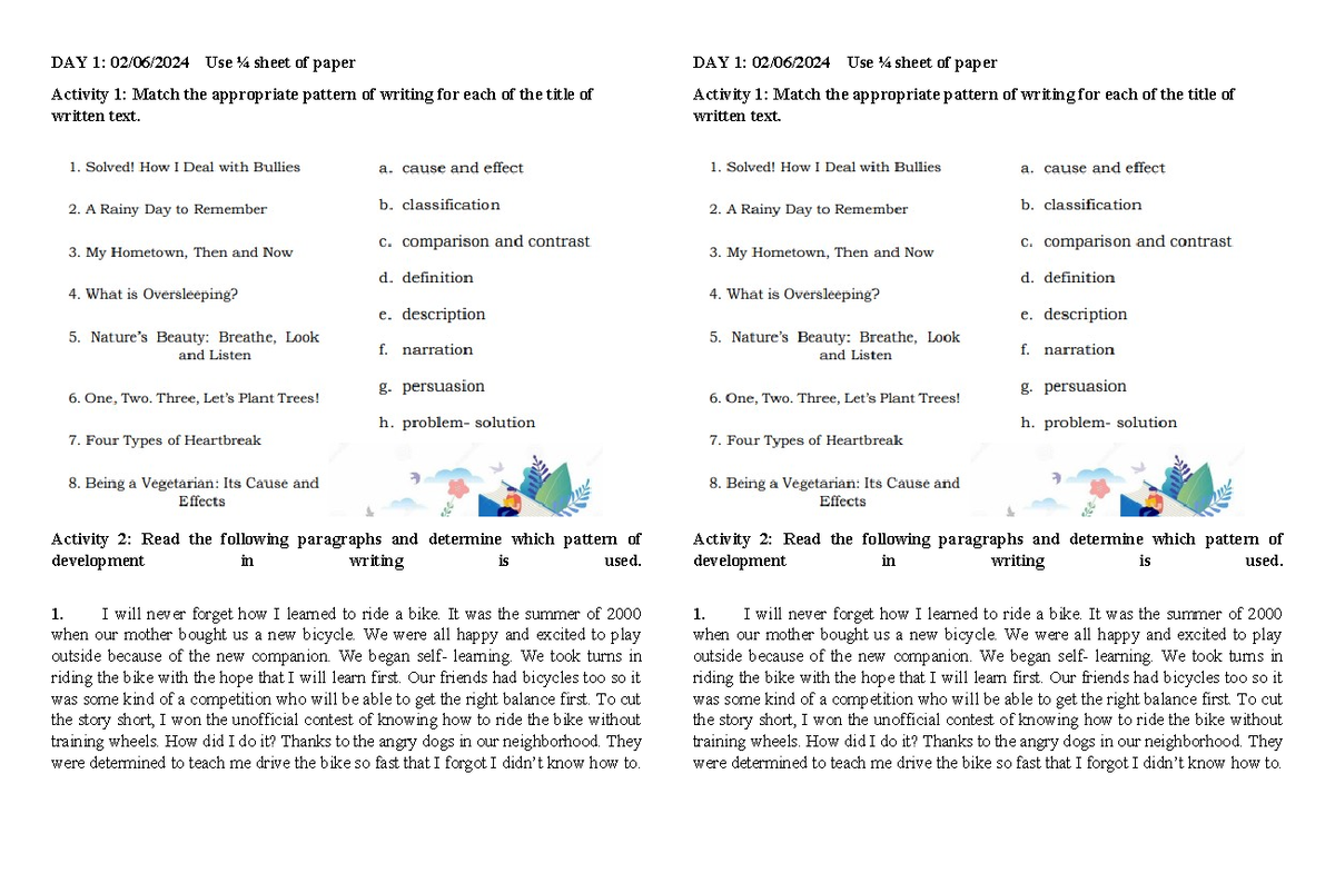 READING AND WRITING NOTES - DAY 1: 02/06/2024 Use ¼ sheet of paper ...