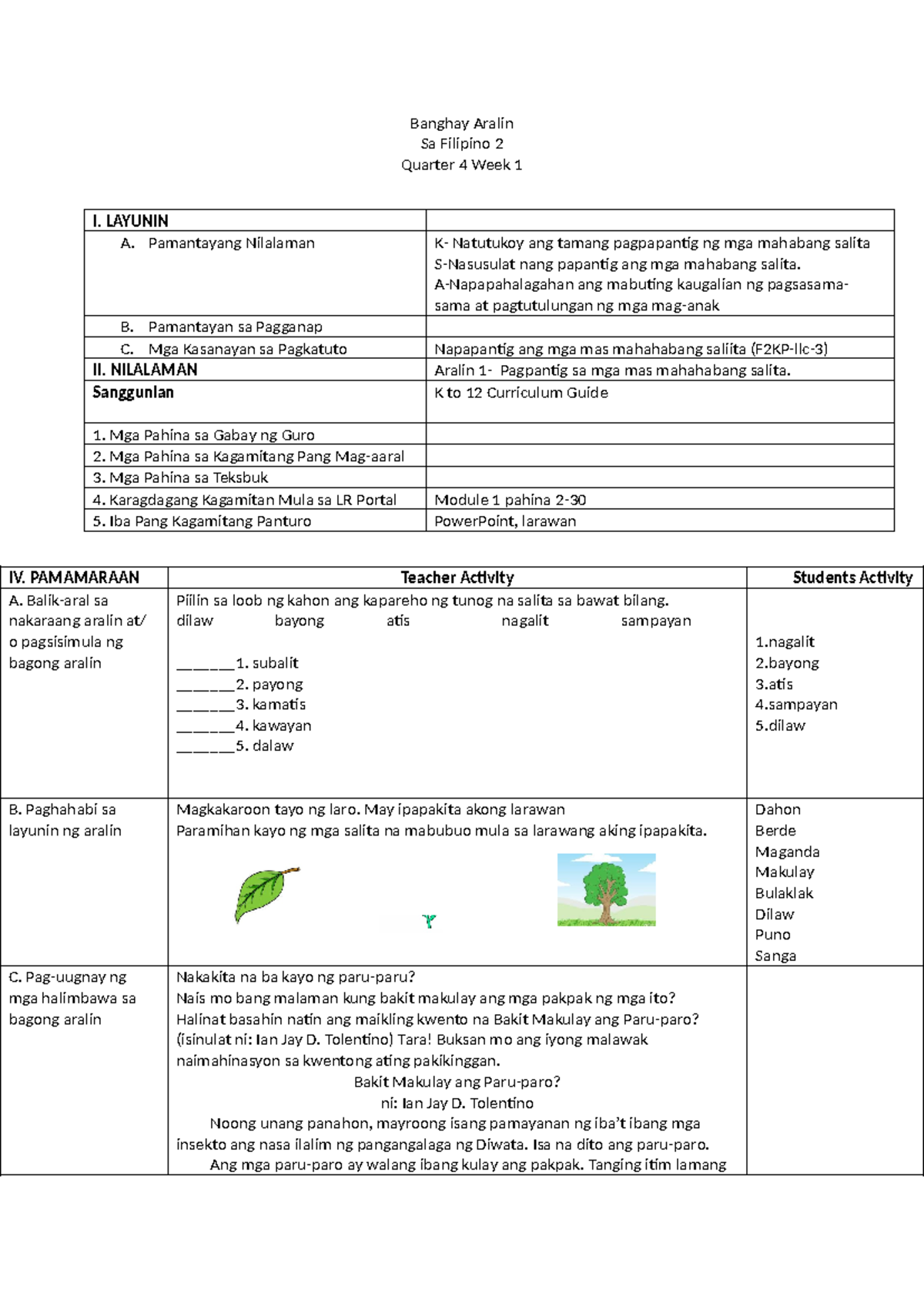 Filipino 2 lesson 1 - Banghay Aralin Sa Filipino 2 Quarter 4 Week 1 I ...