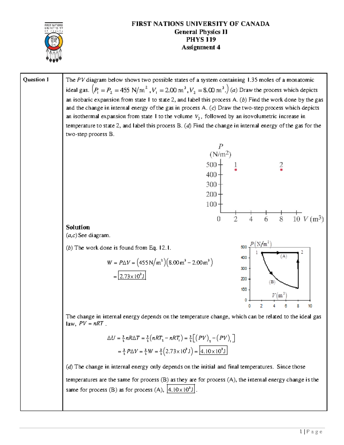 PHYS119 Asssignment 4 Solution - General Physics II PHYS 119 Assignment 4 Question 1 The PV ...
