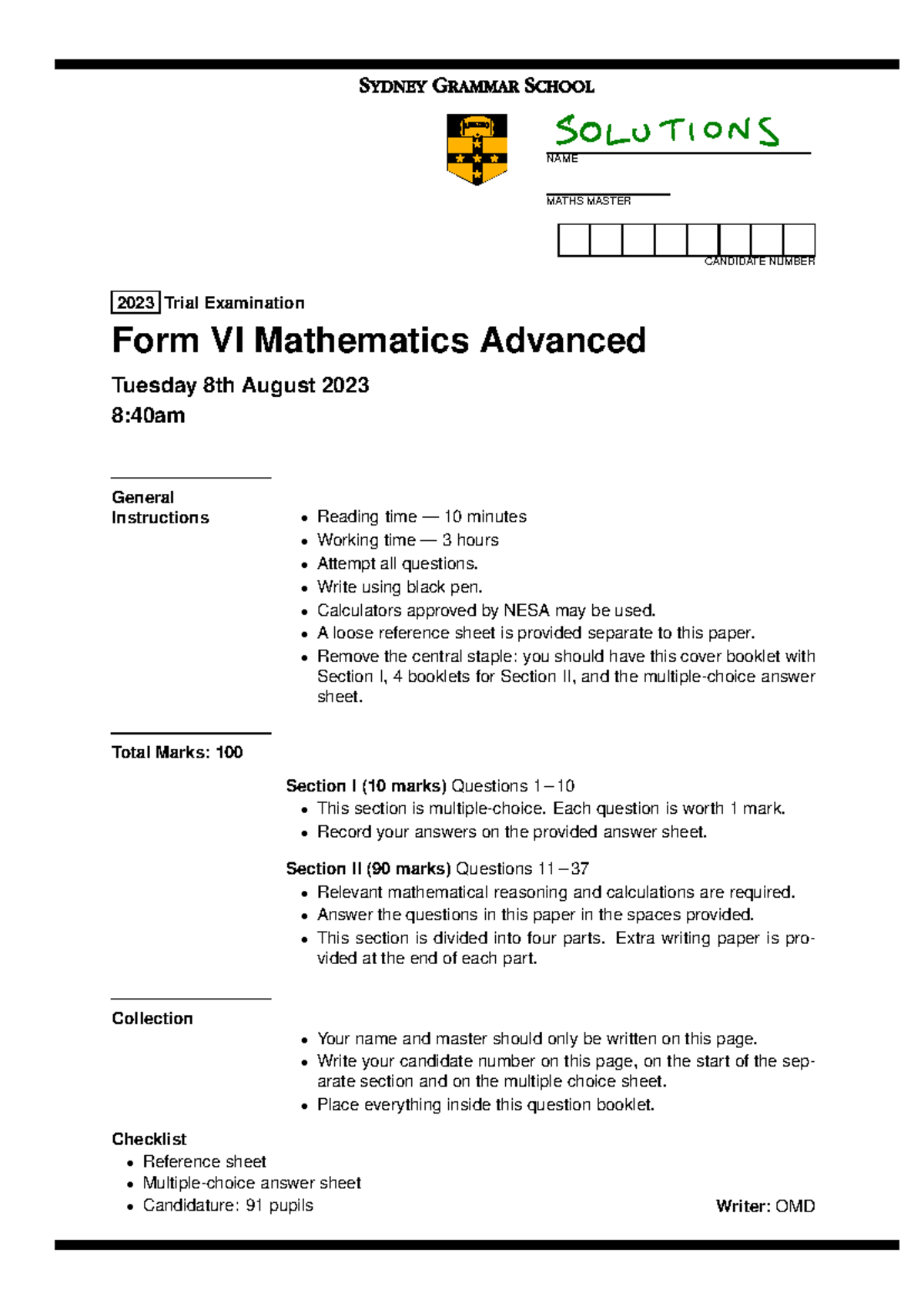 2023 Sydney Grammar School - Adv - Trial - Solutions - NAME MATHS ...