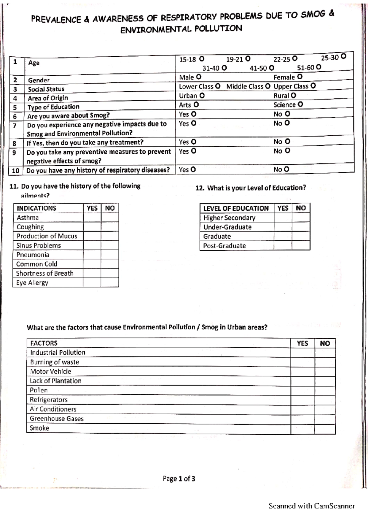 Questionnaire Form of Prevalence and Awareness of Respiratory diseases ...