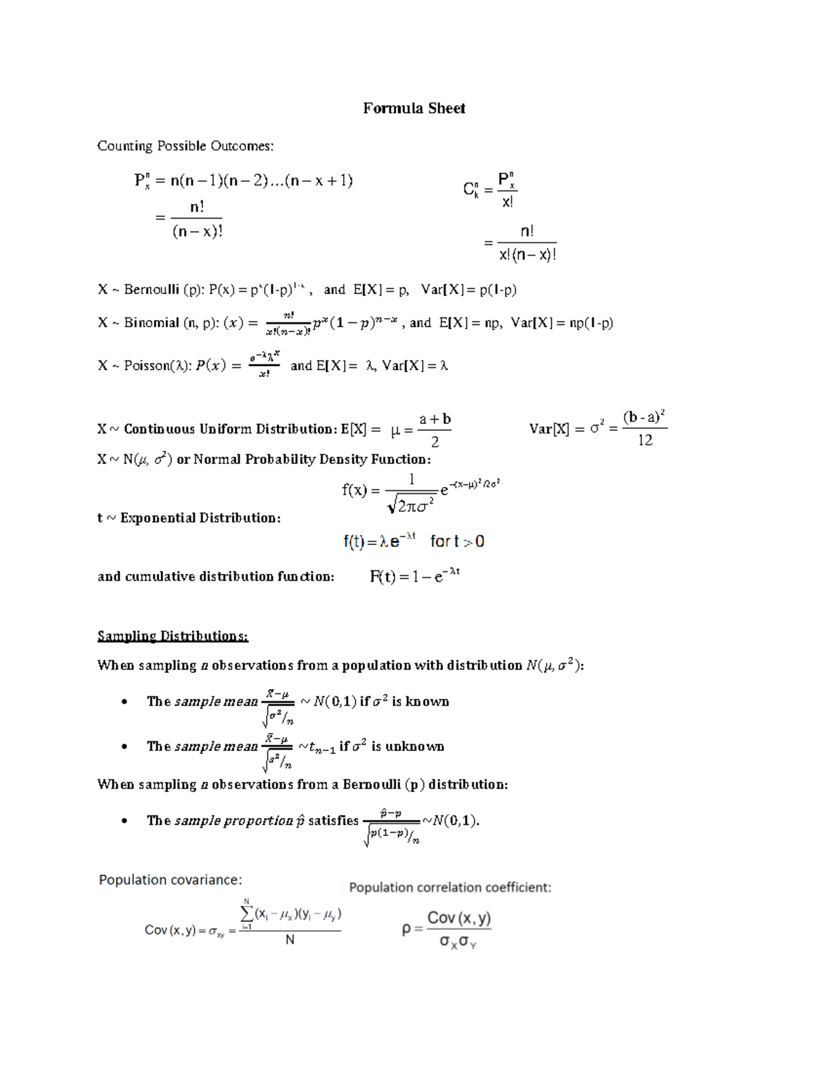 Formula Sheet Midterm 2 - Formula Sheet Counting Possible Outcomes: (n x)! n! P n(n 1)(n 2)...(n ...