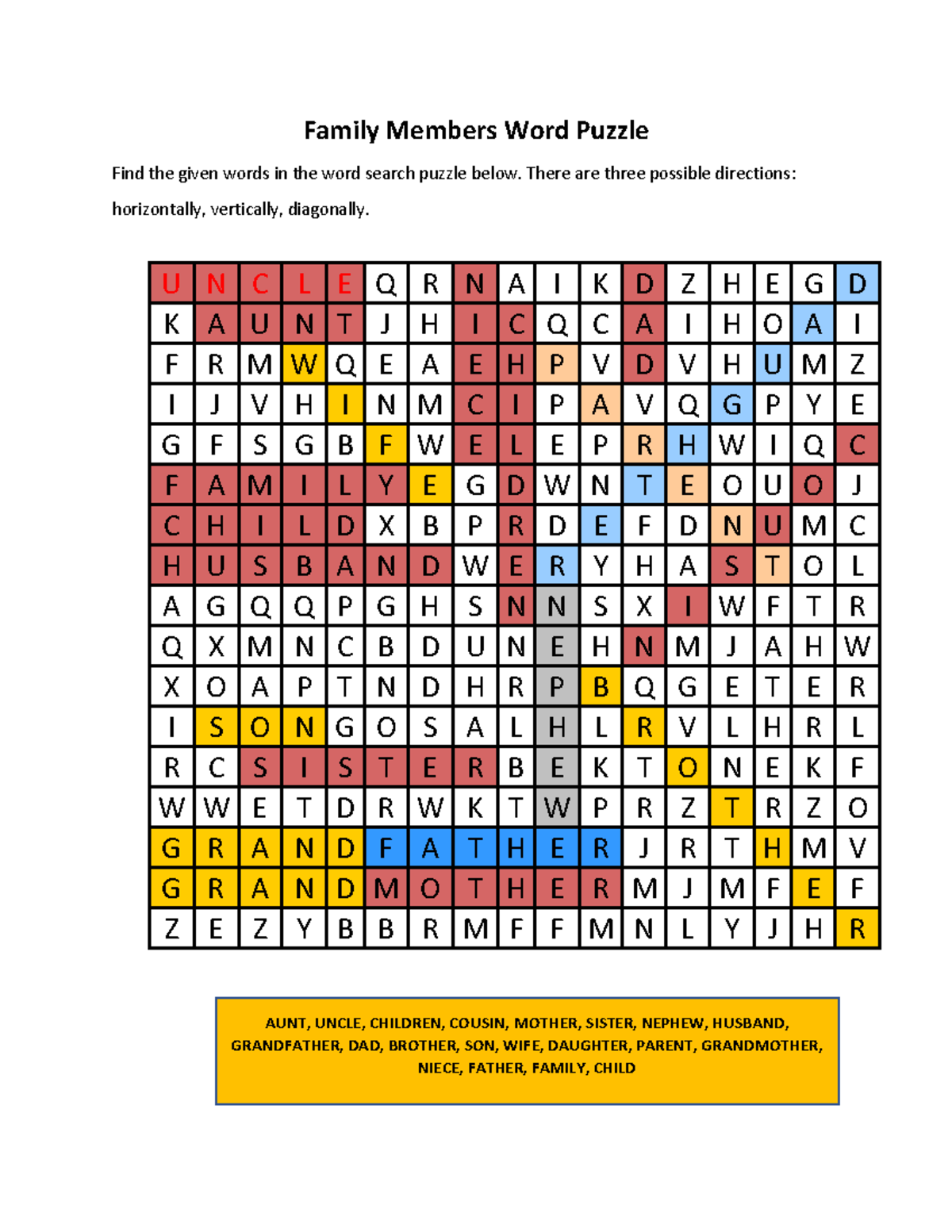Family members word puzzle - Family Members Word Puzzle Find the given ...