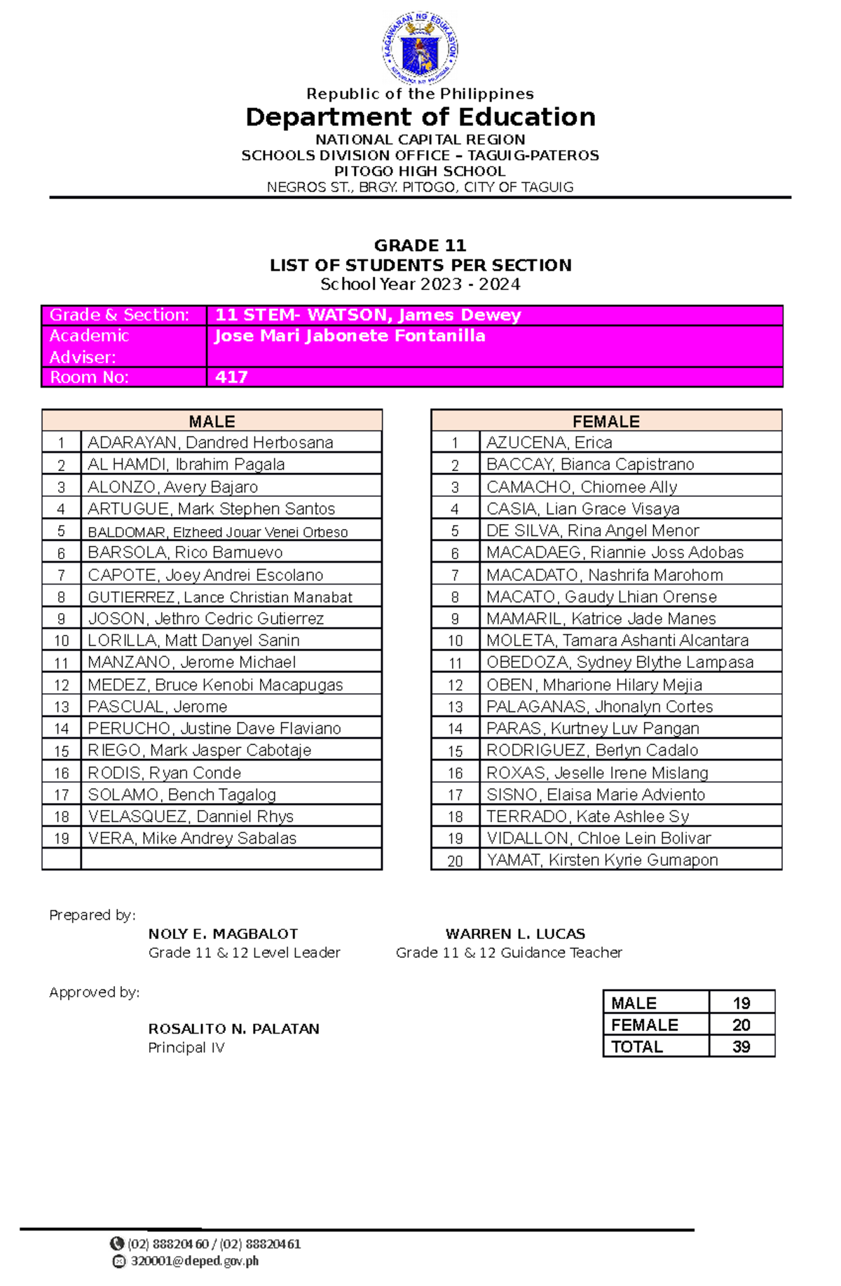 11 Watson as of 9 15 22 - list of students format - (02) 88820460 / (02 ...