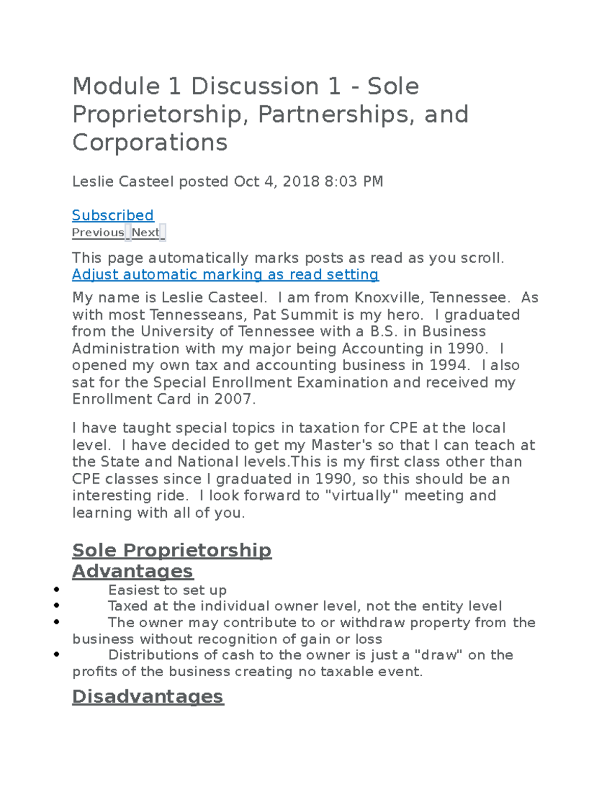 Tax 655 - Module 1 Discussion 1 - Module 1 Discussion 1 Sole ...