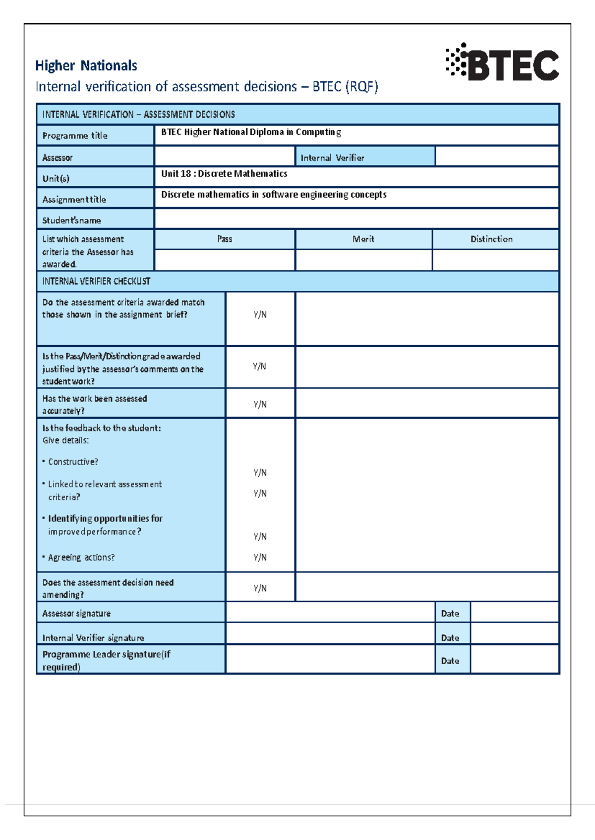 Discrete Mathematics - Pass Merit Distinction INTERNAL VERIFIER ...