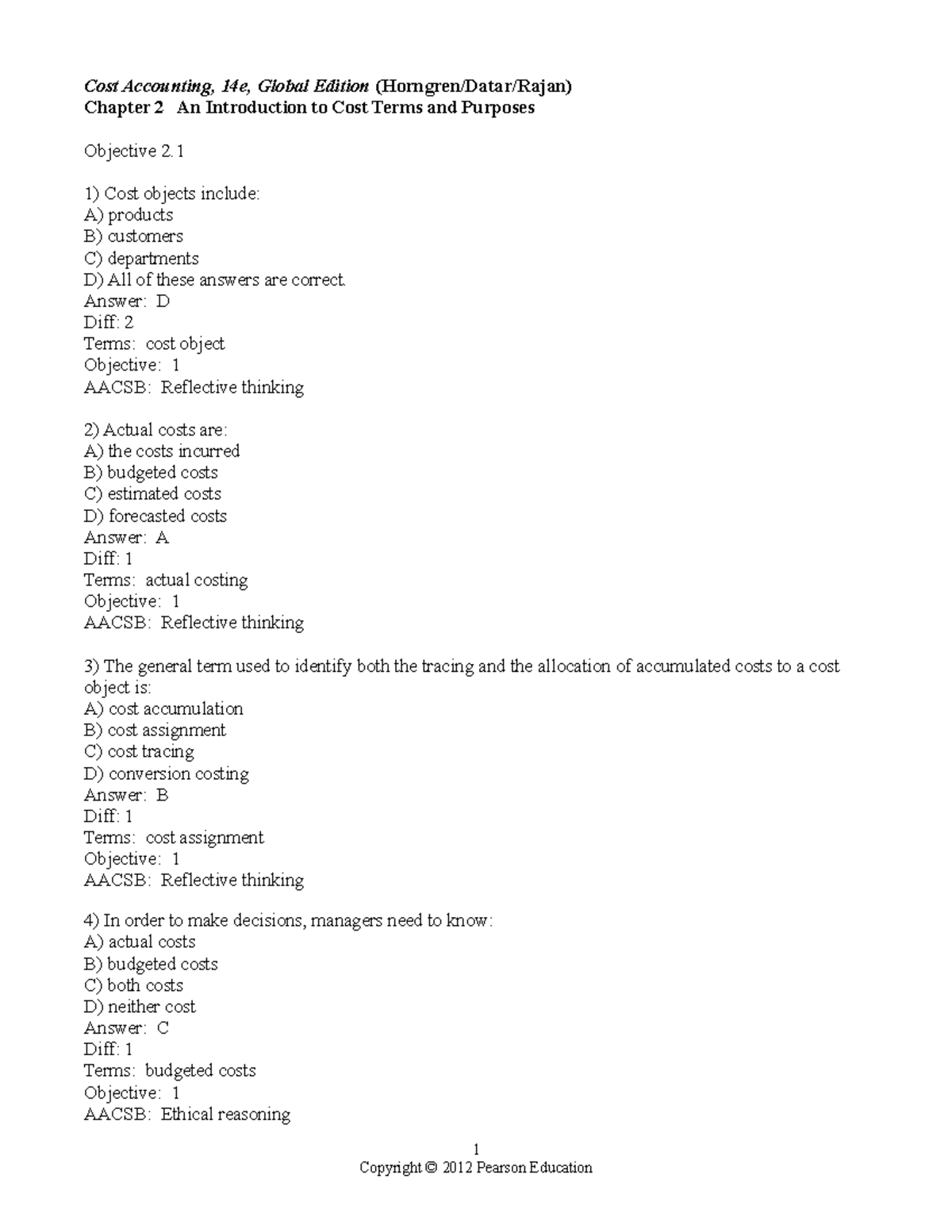 Chapter 2 - cost accounting test bank - Cost Accounting, 14e, Global ...