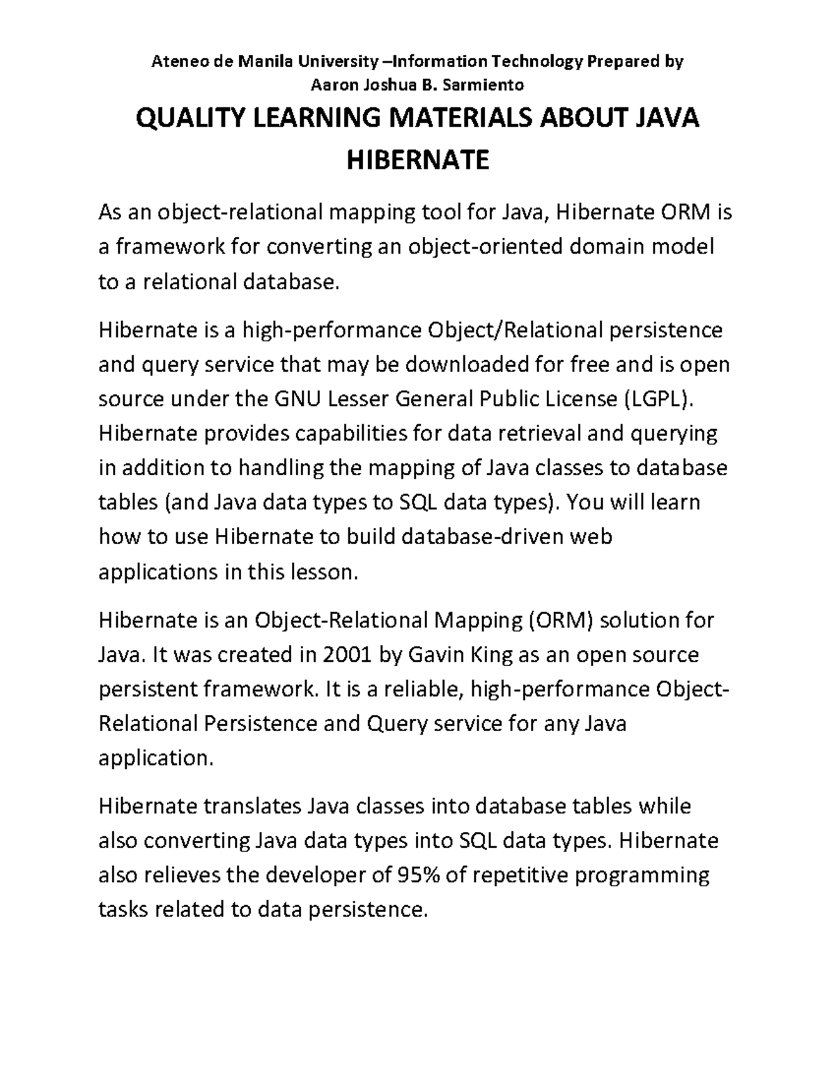 Quality Learning Materials About Java Hibernate - Aaron Joshua B. Sarmiento QUALITY LEARNING ...