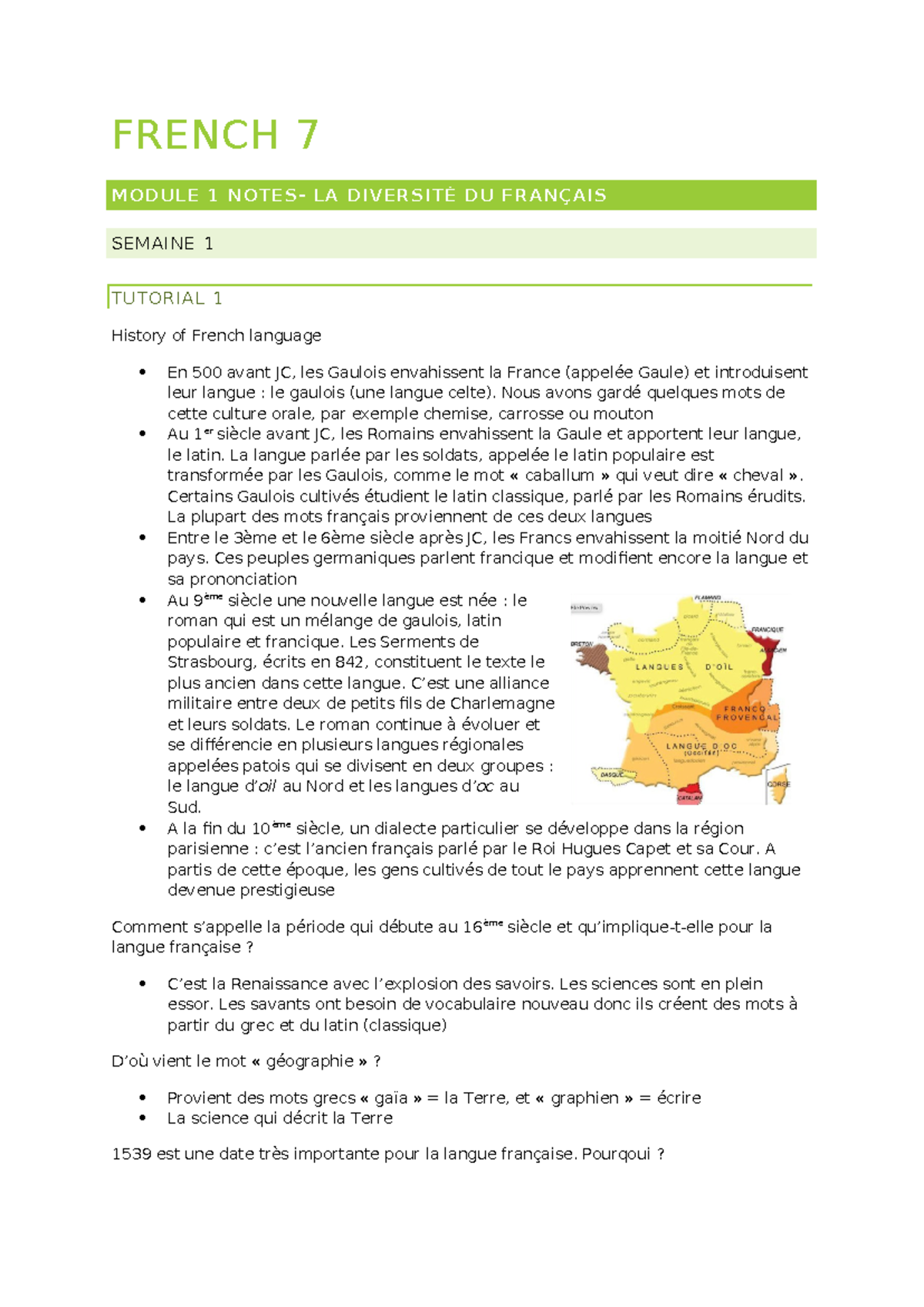 French 7 Module 1 Notes - FRENCH 7 MODULE 1 NOTES- LA DIVERSITÉ DU ...