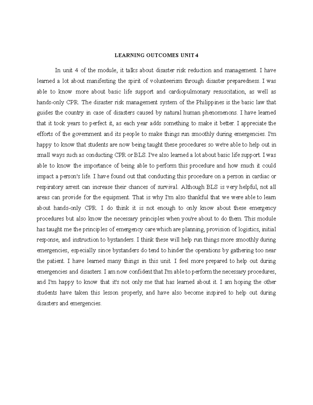 NSTP Unit 4 learning outcome - LEARNING OUTCOMES UNIT 4 In unit 4 of ...