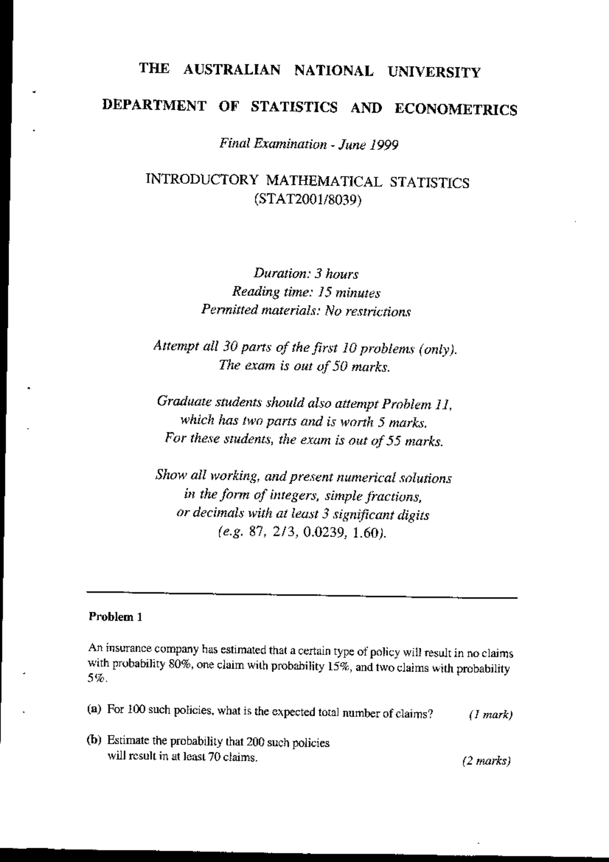 Exam, questions and answers - STAT2001 - ANU - Studocu