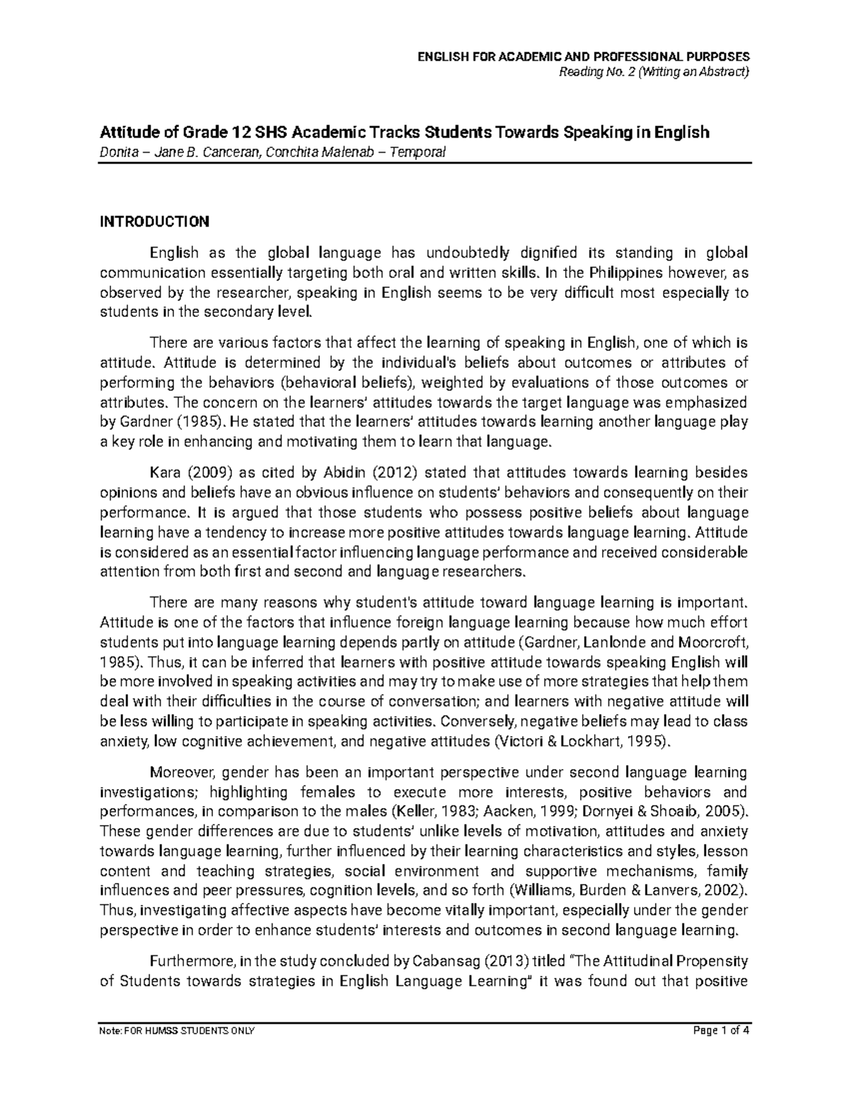 Attitude of Grade 12 SHS Academic Tracks students towards speaking in ...