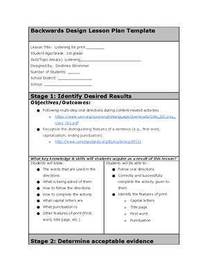 Backwards Design Lesson Plan - Student Age/Grade: 6 - 9__ Skill/Topic ...