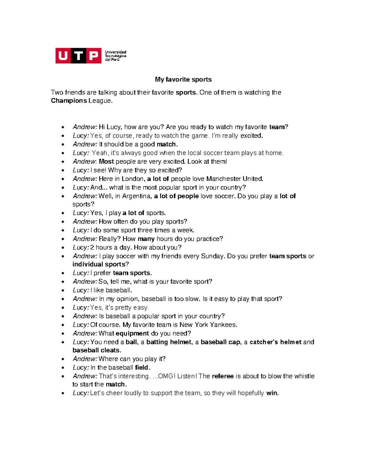 Week 14 - Script - My favorite sports - My favorite sports Two friends ...