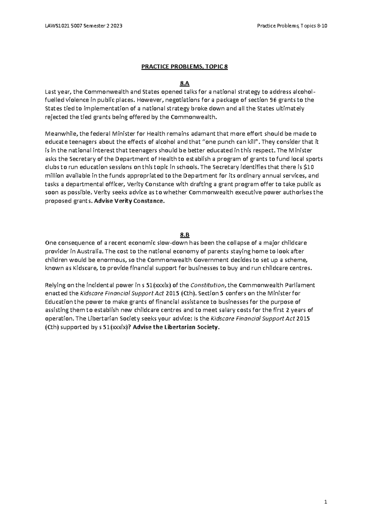 Topics 8-10 Practice Problems - LAWS1021 5007 Semester 2 2023 - PRACTICE PROBLEMS, TOPIC 8 8 ...