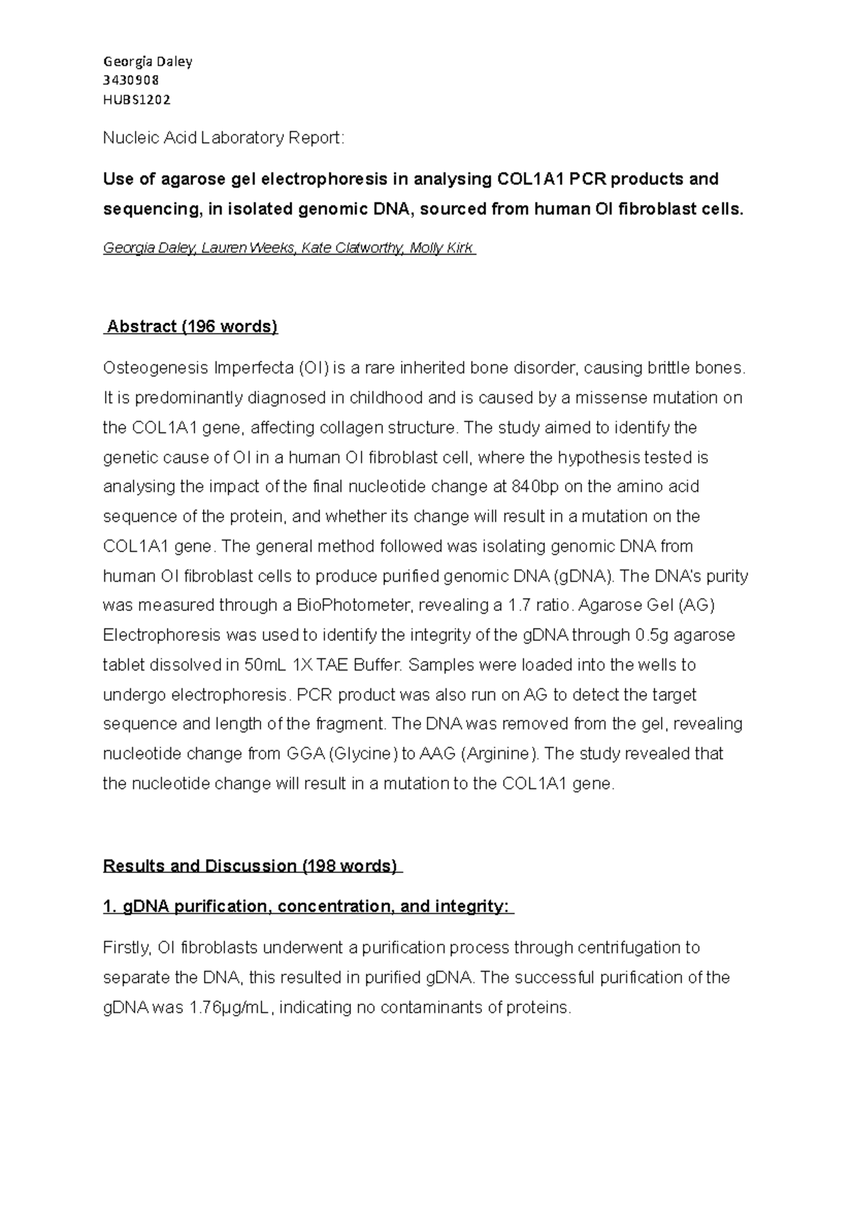 Nucleic acid lab report - Georgia Daley 3430908 HUBS Nucleic Acid ...