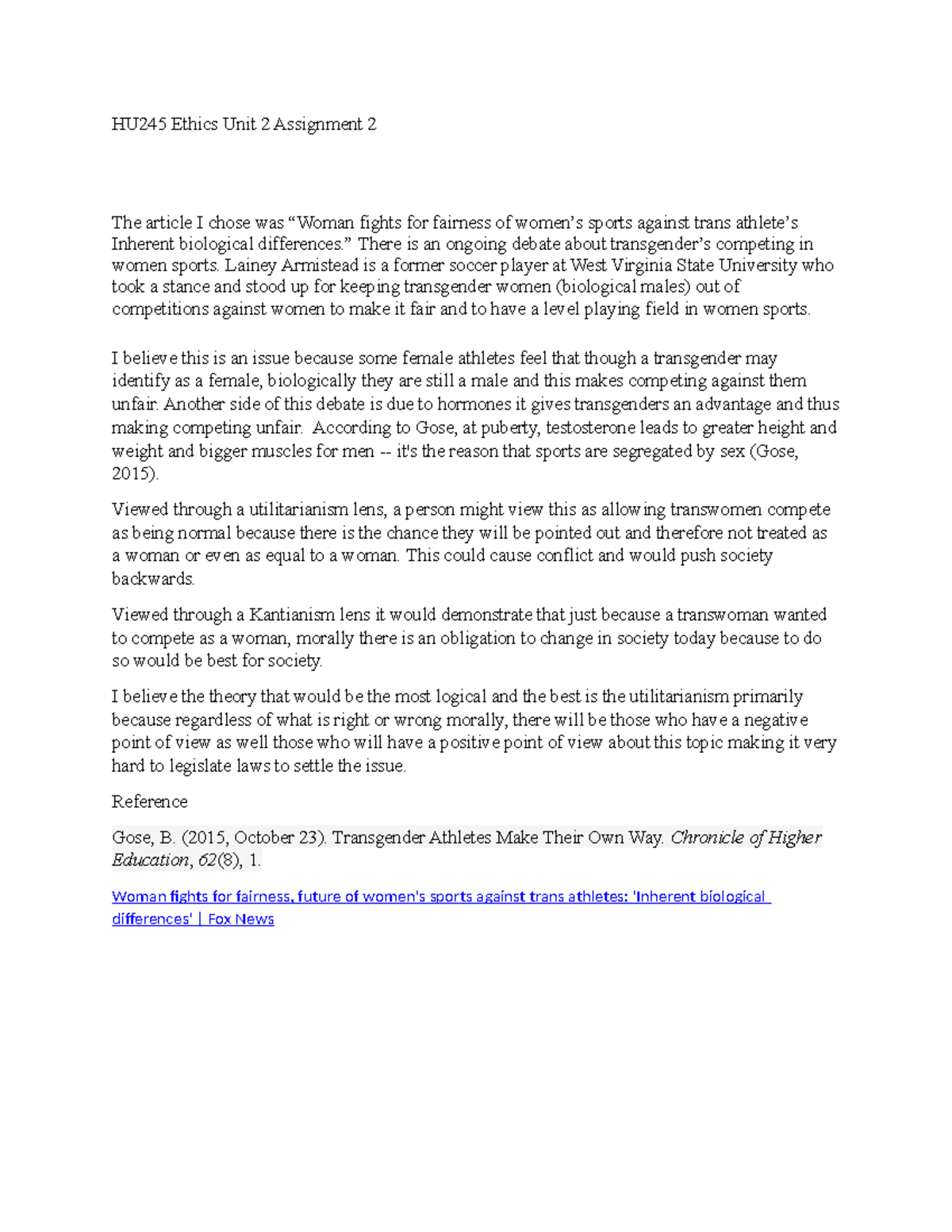 Hu245 unit 2 assignment 2 - HU245 Ethics Unit 2 Assignment 2 The ...