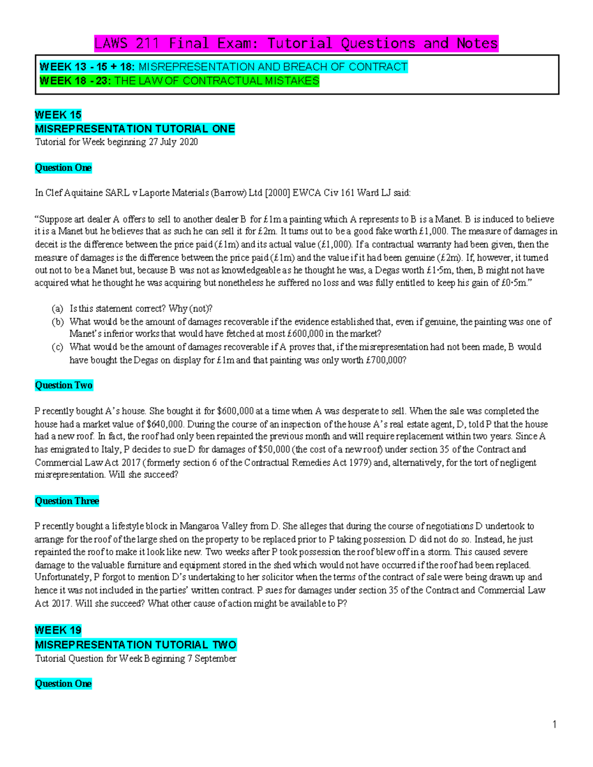DONE Tutorial Notes 211 Final Contract Exam - LAWS 211 Final Exam ...