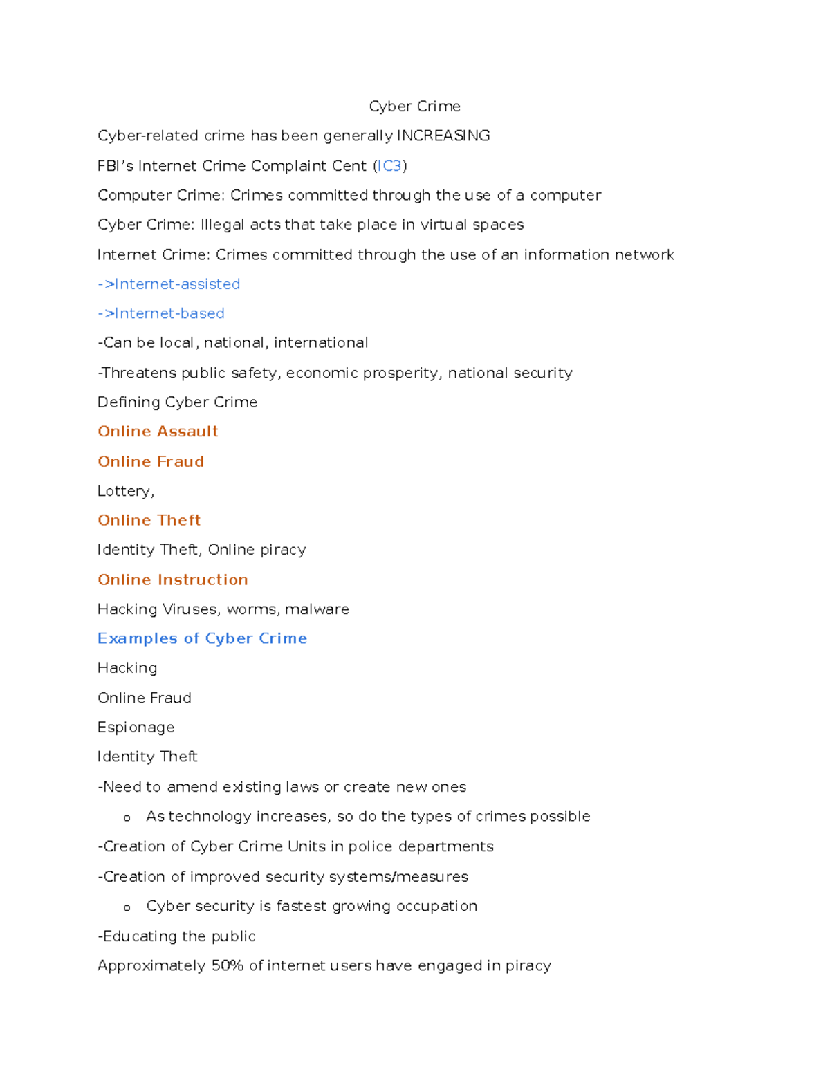 Cyber Crime - notes - Cyber Crime Cyber-related crime has been ...