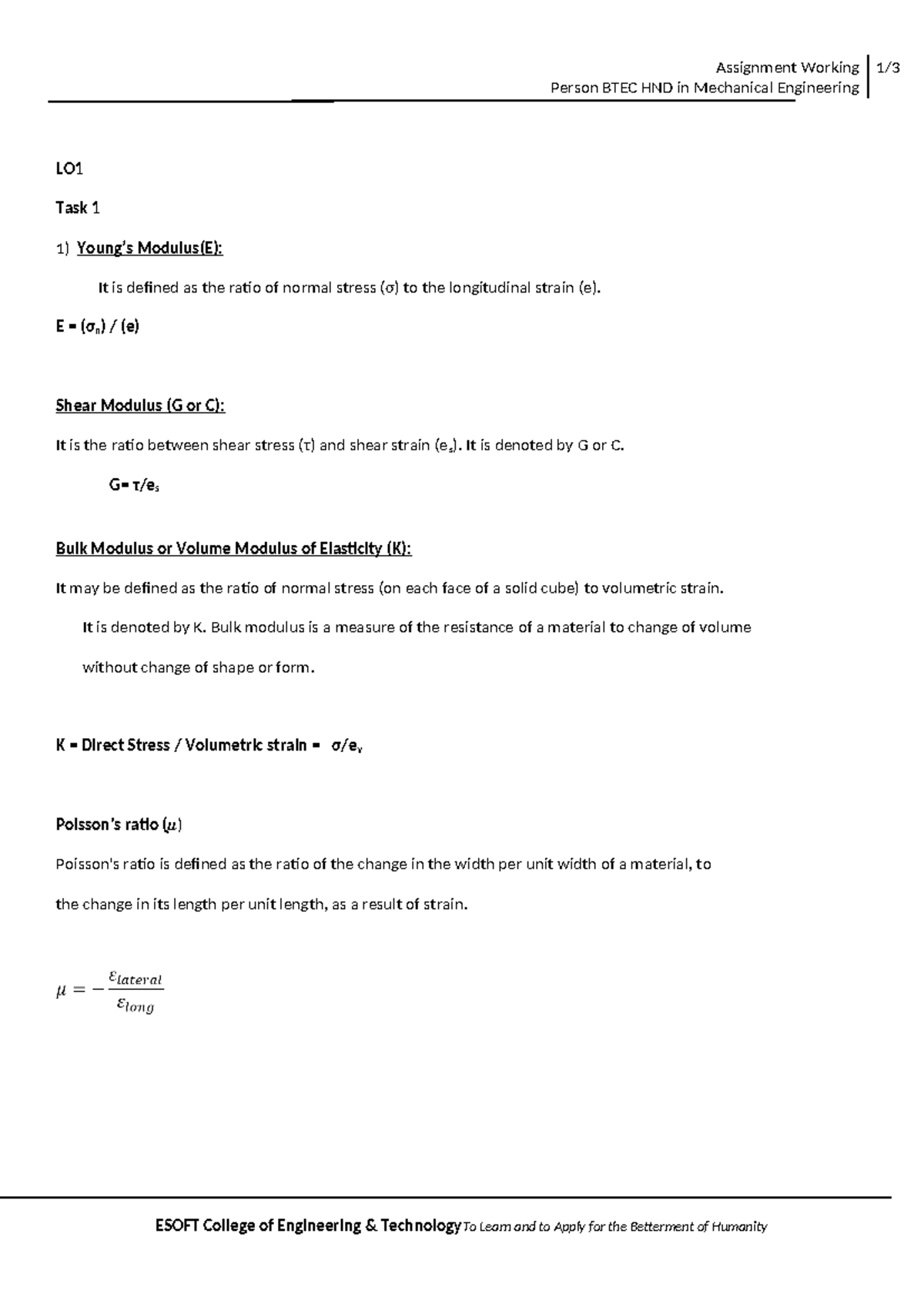 Assignment working- Mech principals 02 - Person BTEC HND in Mechanical Engineering LO Task 1 1 ...