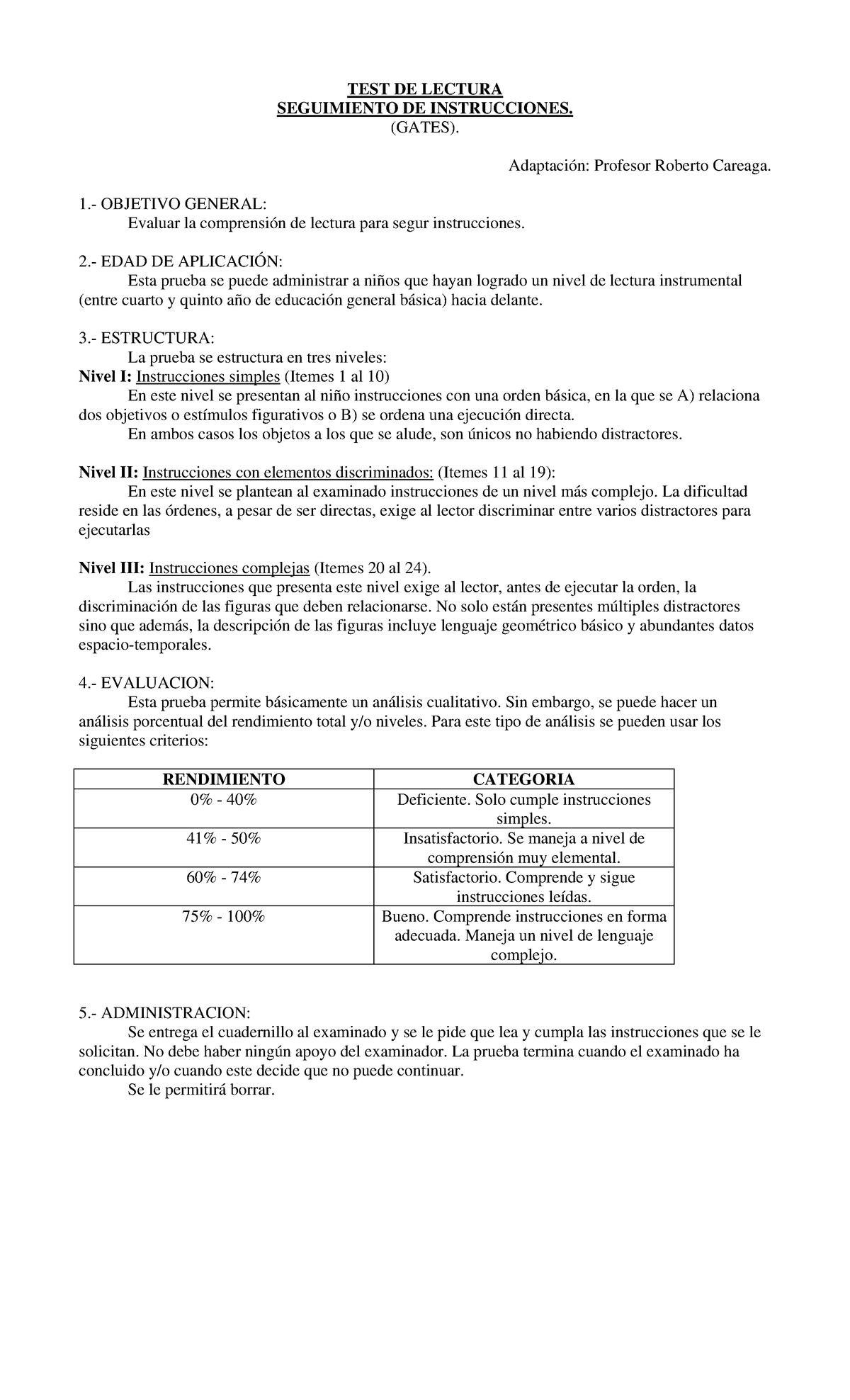 Gates test - test - TEST DE LECTURA SEGUIMIENTO DE INSTRUCCIONES ...