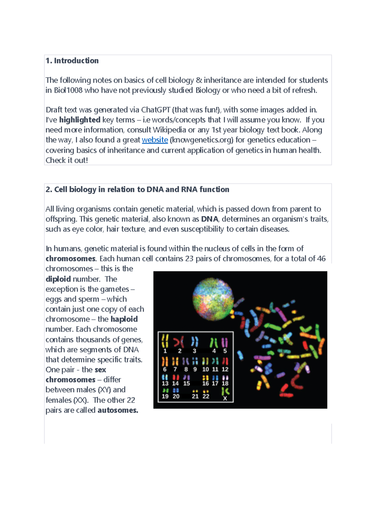 Basics of genetics and cell biology - Introduction The following notes ...