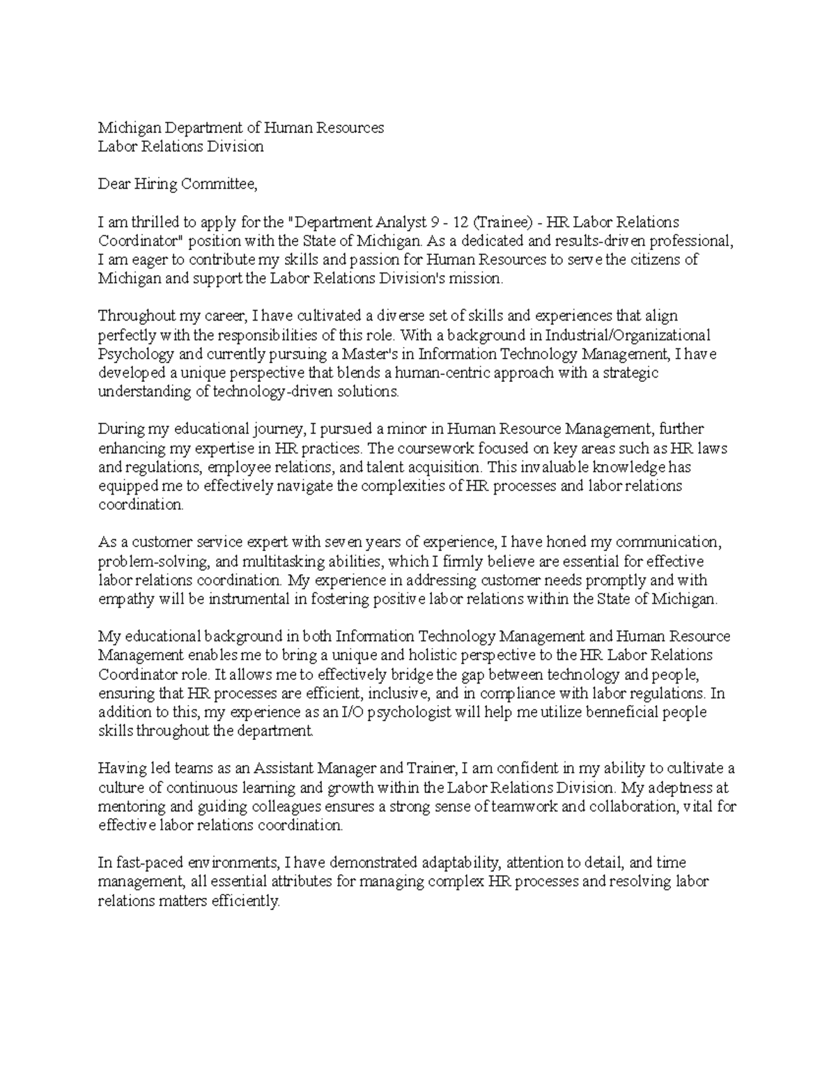 Michigan Cover Letter HR - Michigan Department of Human Resources Labor ...