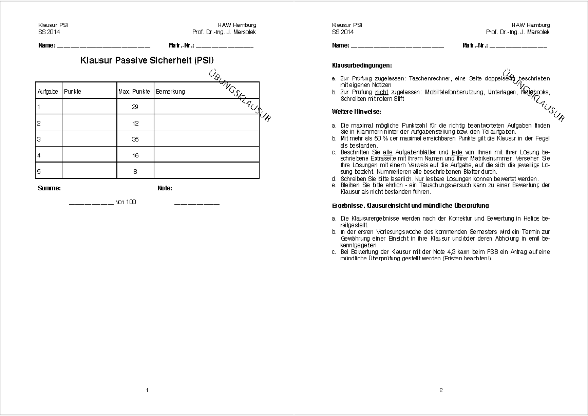 Klausur Sommersemester 2014, Fragen - Klausur PSI SS 2014 HAW Hamburg Prof. Dr.-Ing. J. Marsolek ...