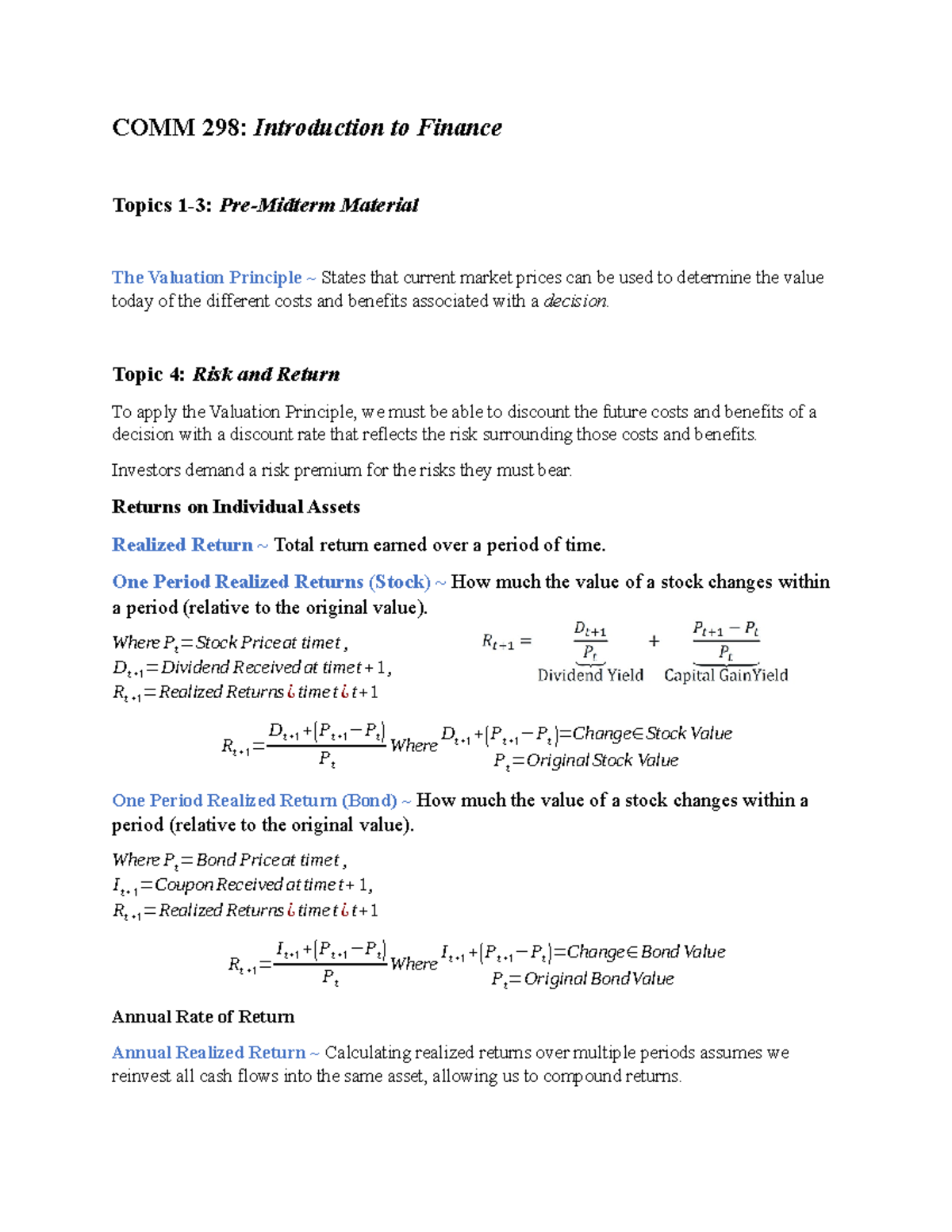 COMM 298 Final Exam Notes - COMM 298: Introduction to Finance Topics 1 ...