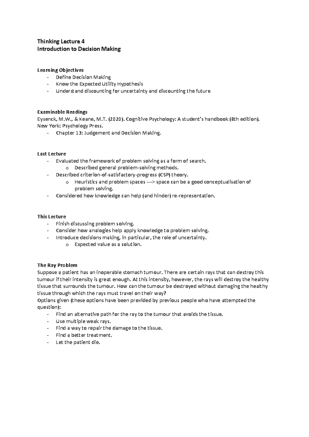 PSYC2016 - 2022 - Thinking Lecture 4 - Thinking Lecture 4 Introduction to Decision Making ...