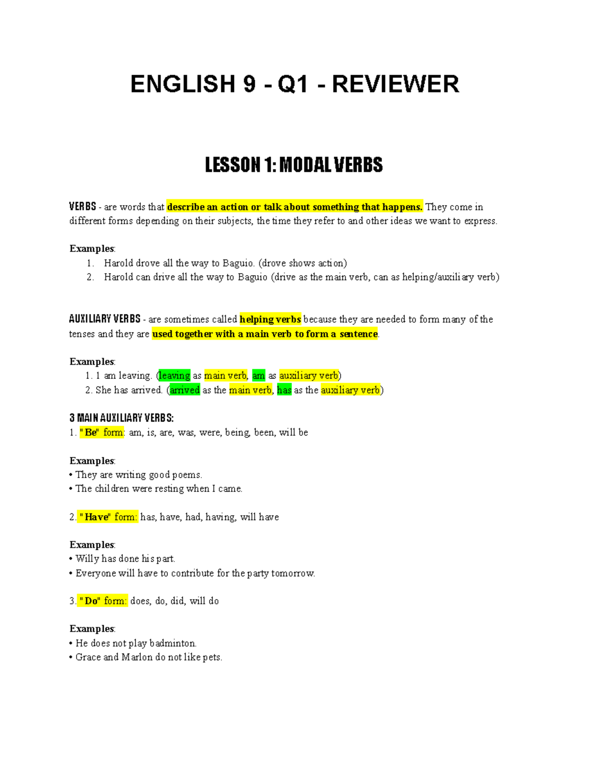 I Review - English Q1 - ENGLISH 9 - Q1 - REVIEWER LESSON 1: MODAL VERBS ...