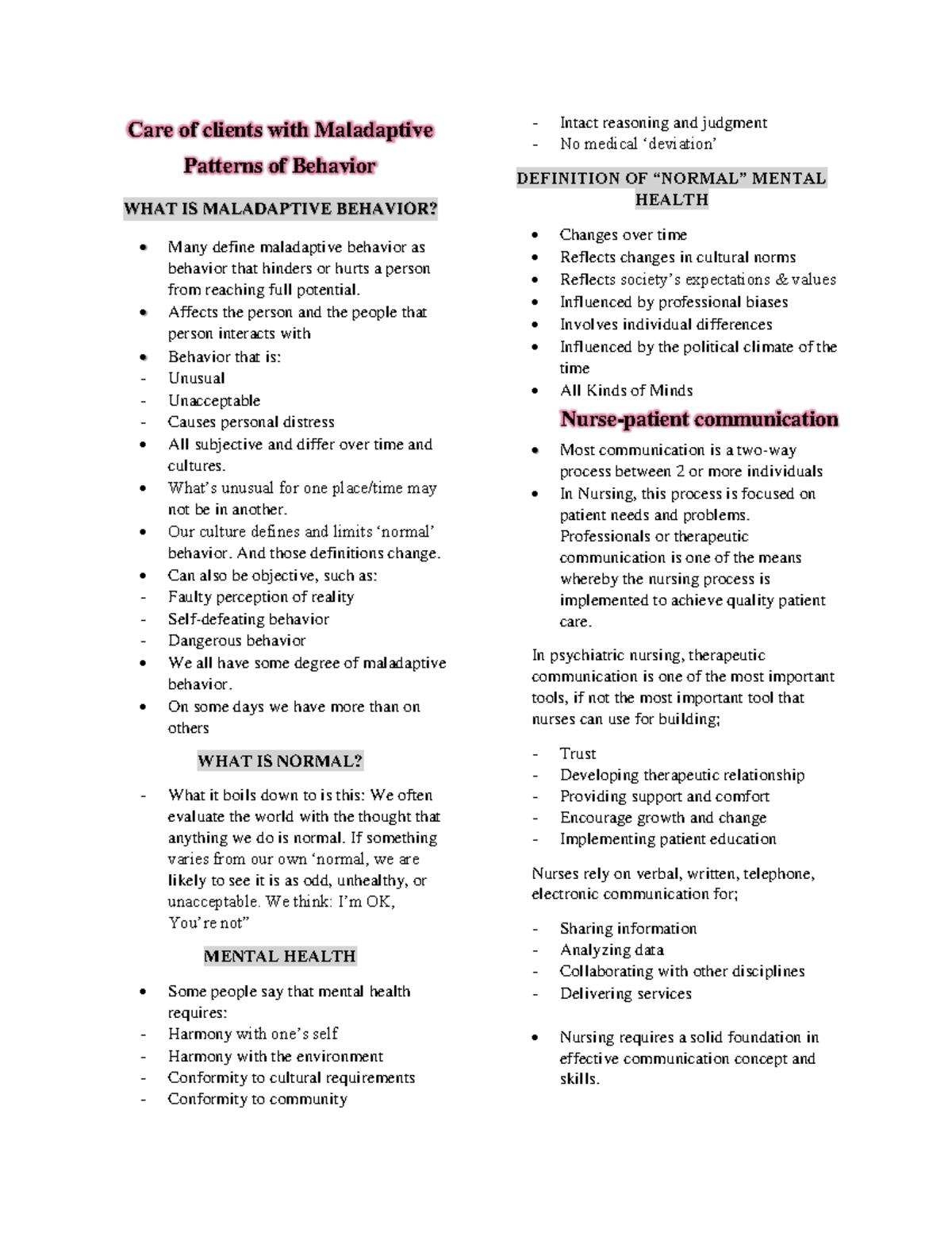 Psych-Reviewer - Care of clients with Maladaptive Patterns of Behavior WHAT IS MALADAPTIVE ...