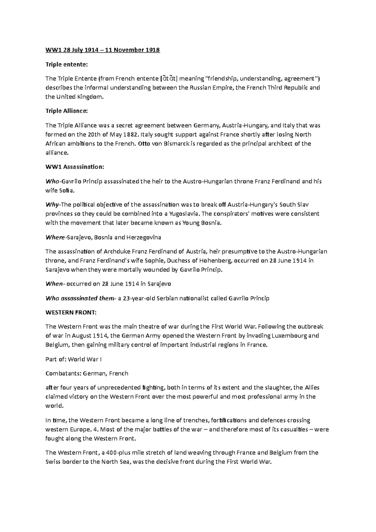 History notes - WW1 28 July 1914 – 11 November 1918 Triple entente: The ...