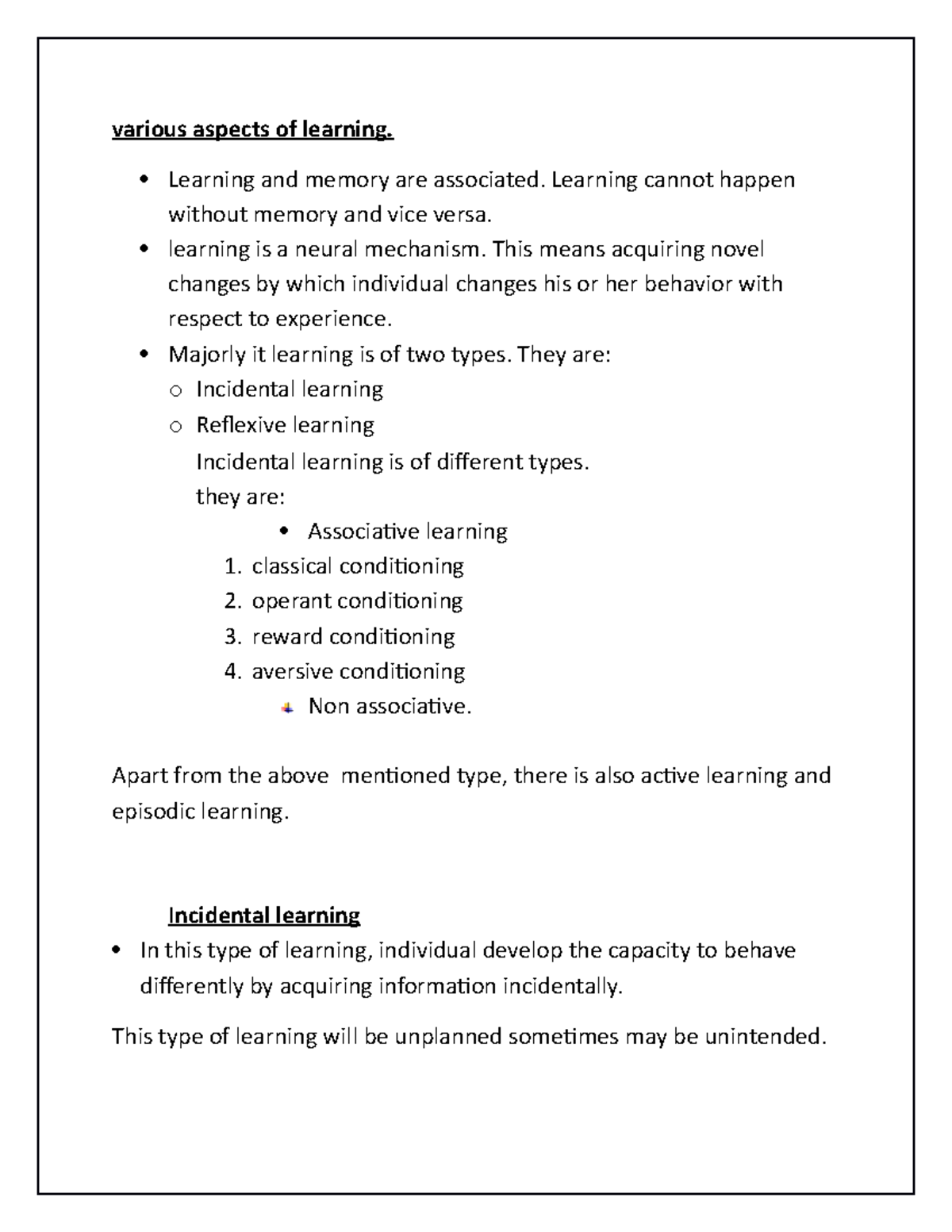 Various aspects of learning - Learning and memory are associated ...