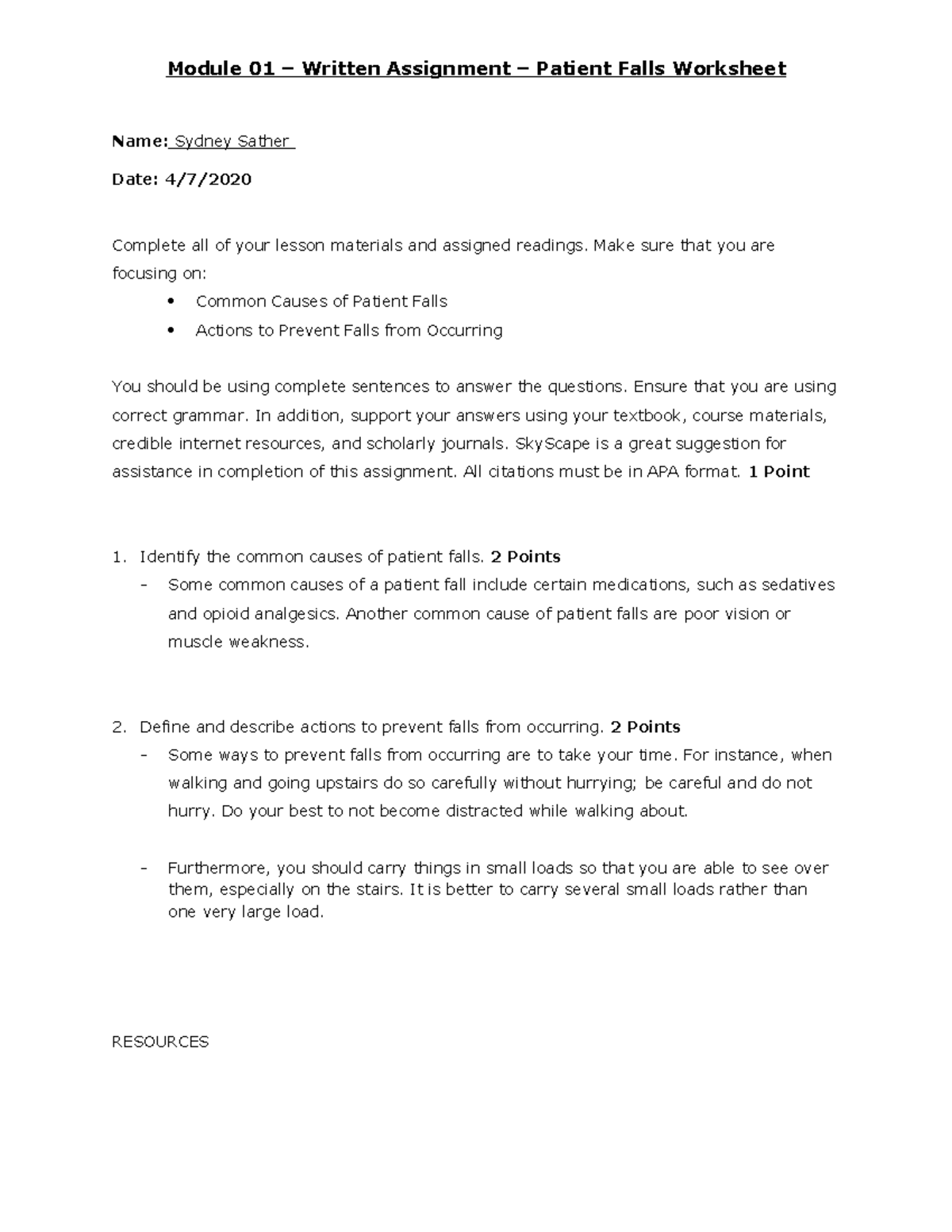 Ssather Patient Falls Worksheet 4720 - Module 01 – Written Assignment ...