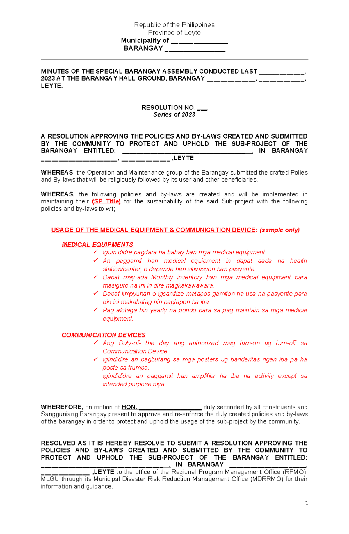 BLGU Resolution Policies & By-Law - Health - Republic of the ...