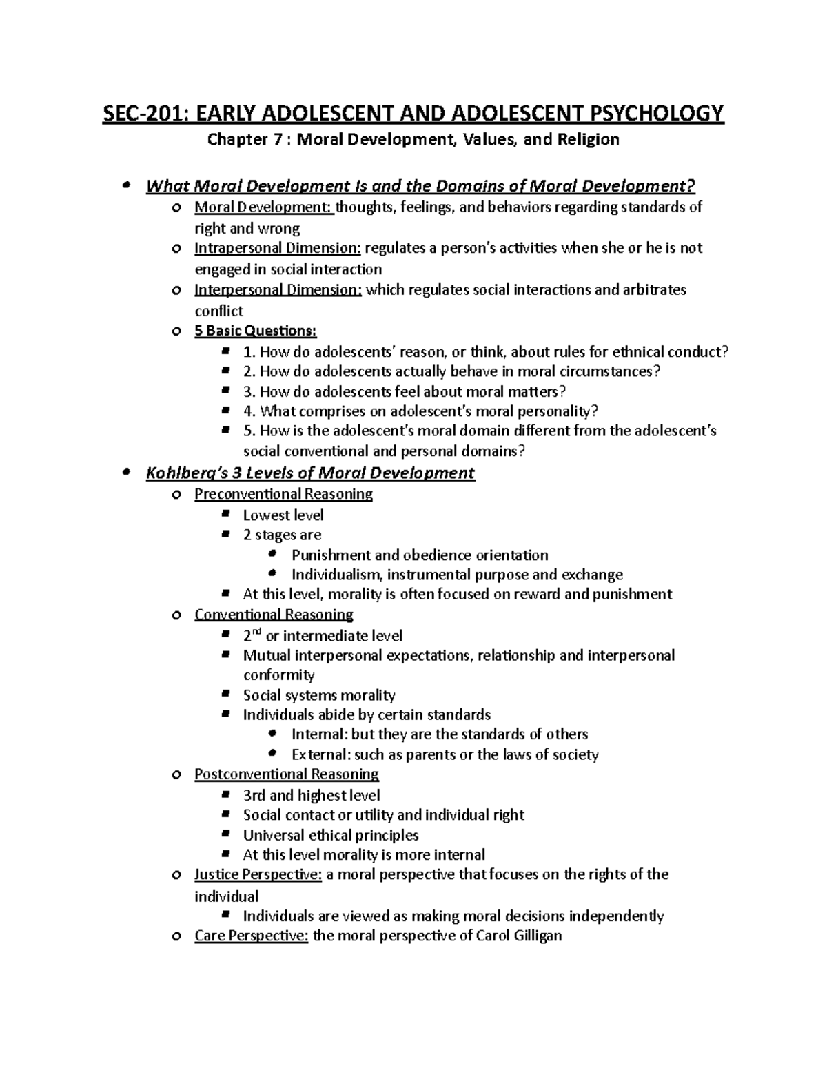 Moral development - notes - SEC-201: EARLY ADOLESCENT AND ADOLESCENT ...