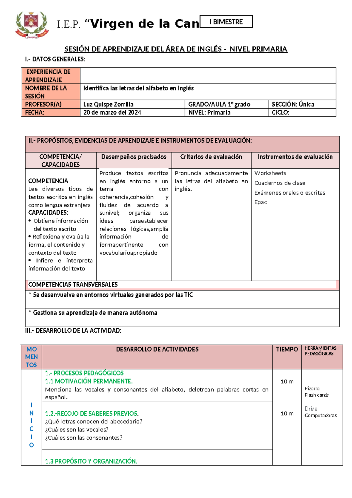 Sesión 1° prim - MM,LKMKL - I.E. “Virgen de la Candelaria” SESIÓN DE ...