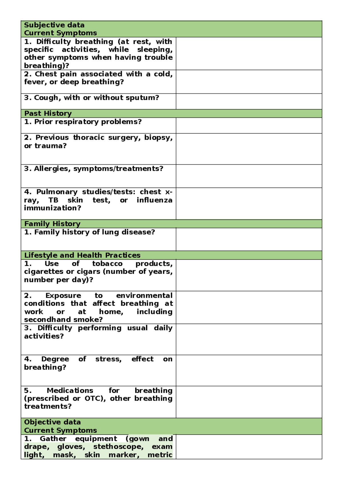 Assesing thorax and lungs - Subjective data Current Symptoms Difficulty ...