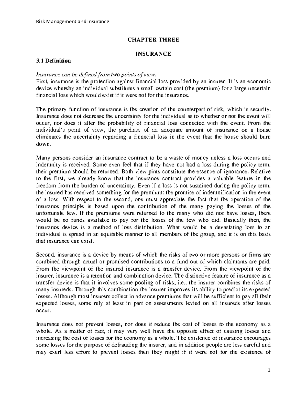 Risk Management Chapter 3 - CHAPTER THREE INSURANCE 3 Definition ...