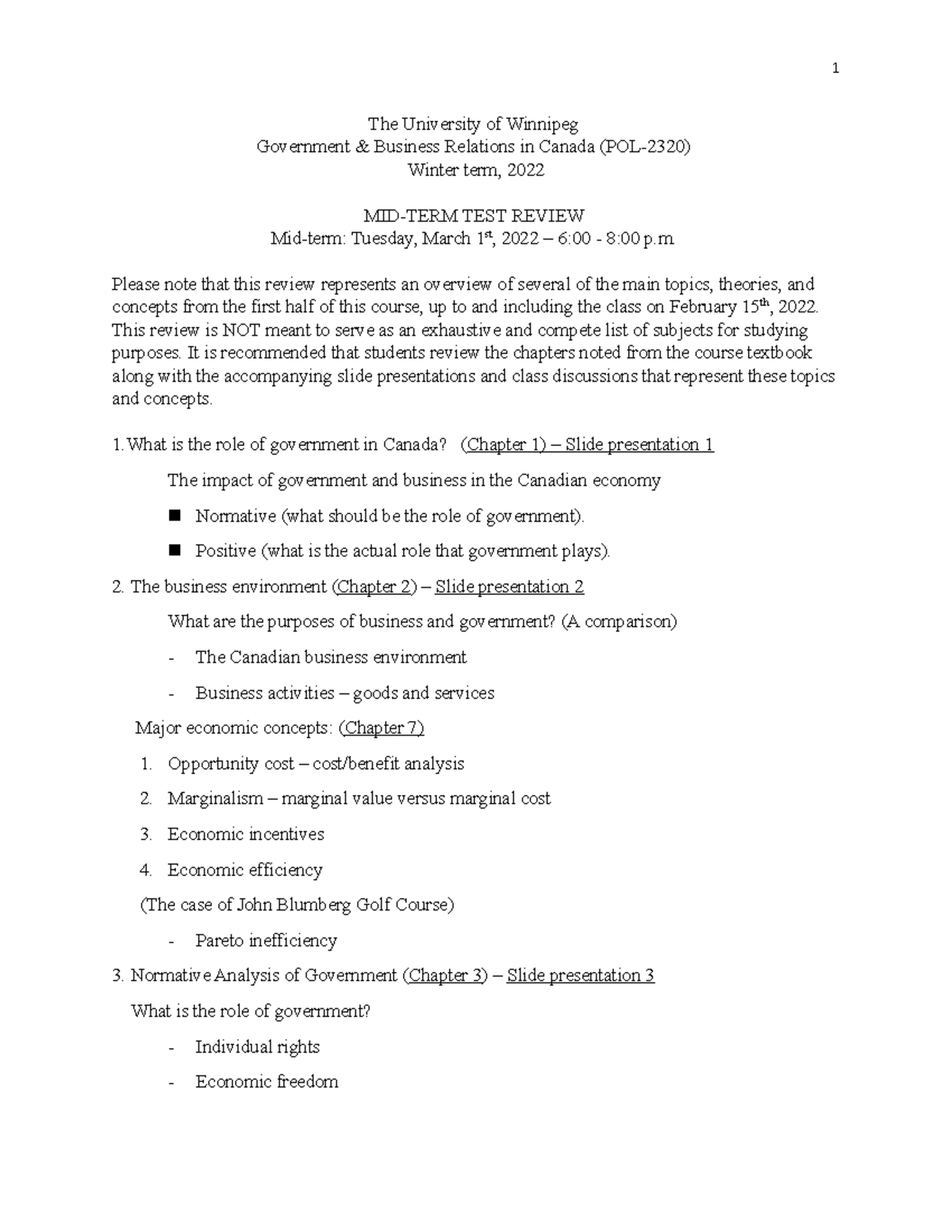GBR mid-term test review - 1 The University of Winnipeg Government ...