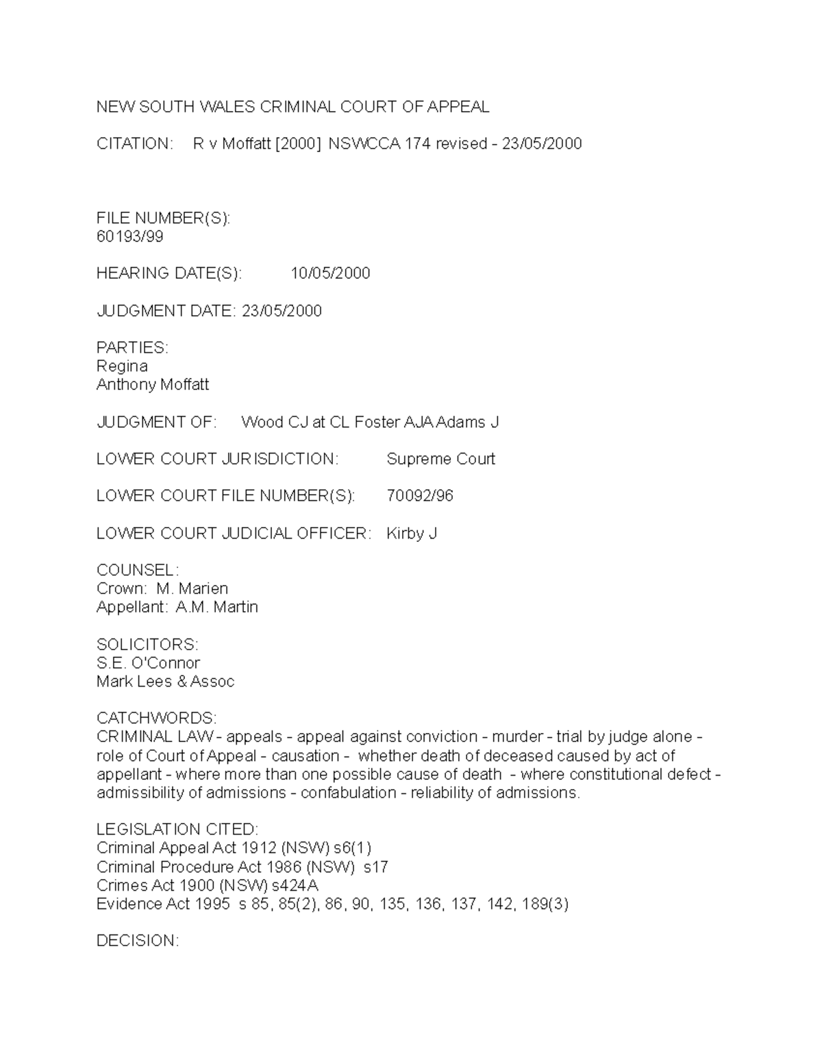 R v Moffatt 2000 Nswcca 174 - NEW SOUTH WALES CRIMINAL COURT OF APPEAL ...