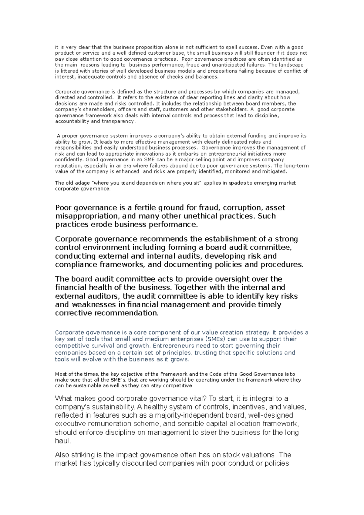 Sme - good governance - it is very clear that the business proposition ...