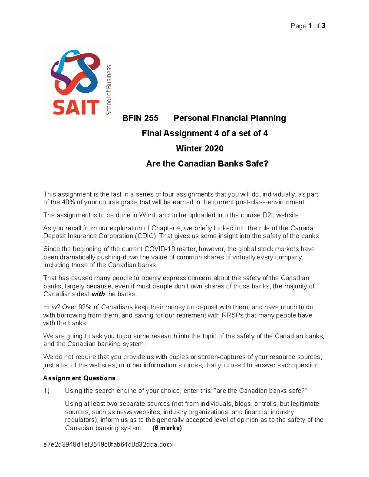 BFIN 255 Final Assignment 4 of 4 Winter 2020 - Page 1 of 3 BFIN 255 ...