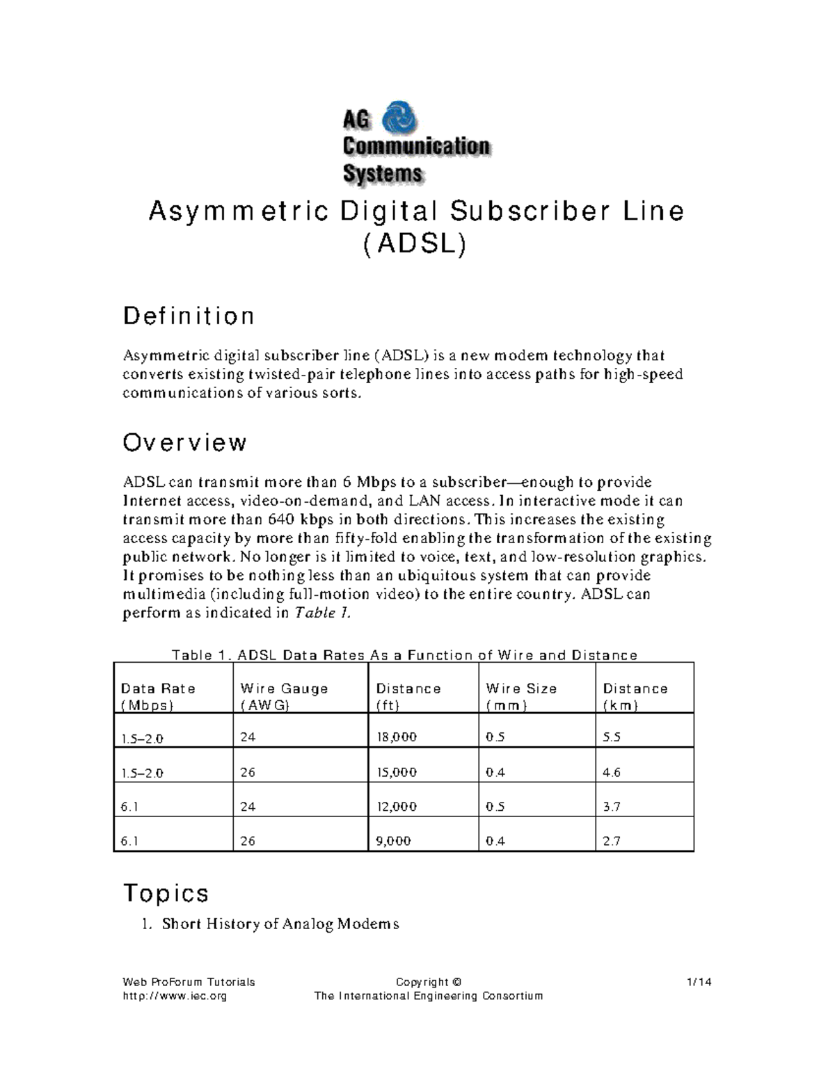 ADSL - notes - Web Pr oFor um Tut or ials Copyr ight © 1/ 14 Asy m m e ...