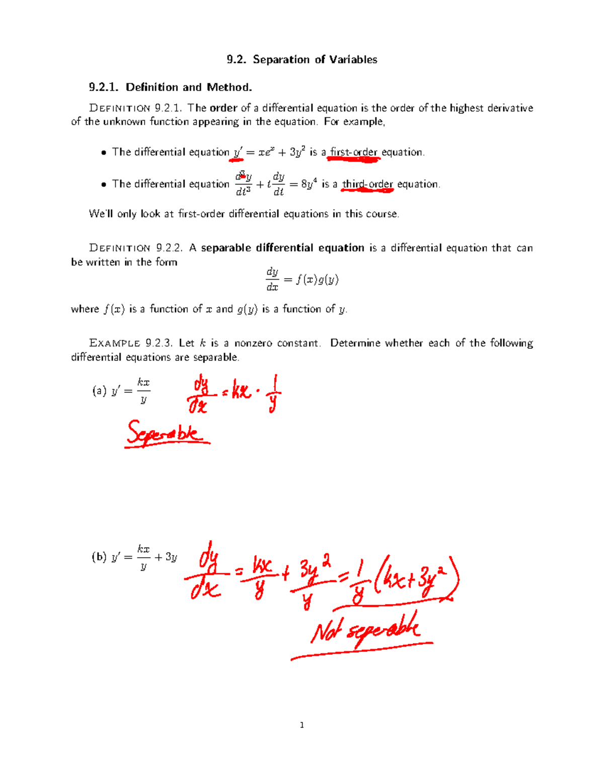 9.2 notes - Separation of Variables 9.2. Definition and Method ...