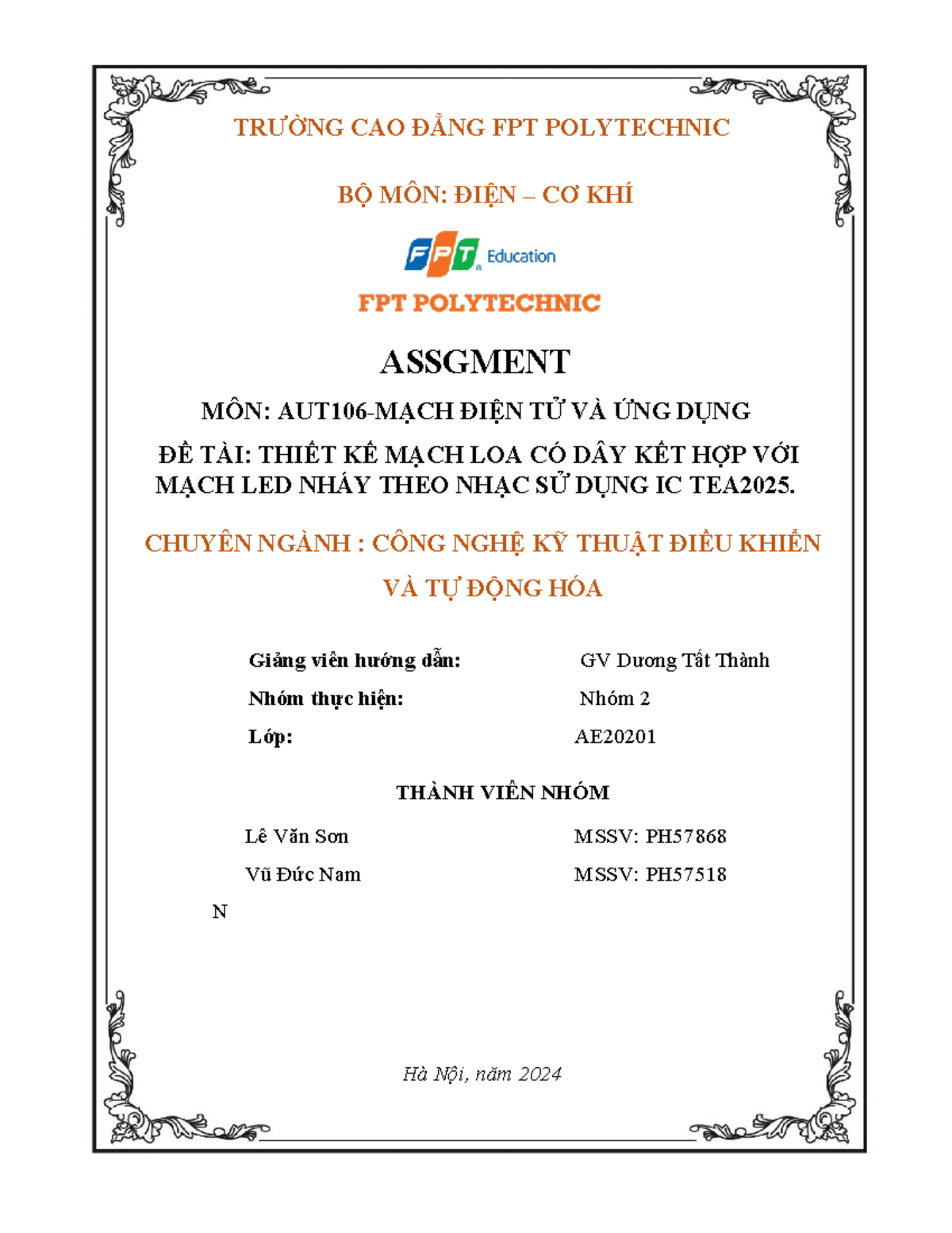TRƯỜNG CAO ĐẲNG FPT POLY - TRƯỜNG CAO ĐẲNG FPT POLYTECHNIC BỘ MÔN: ĐIỆN ...