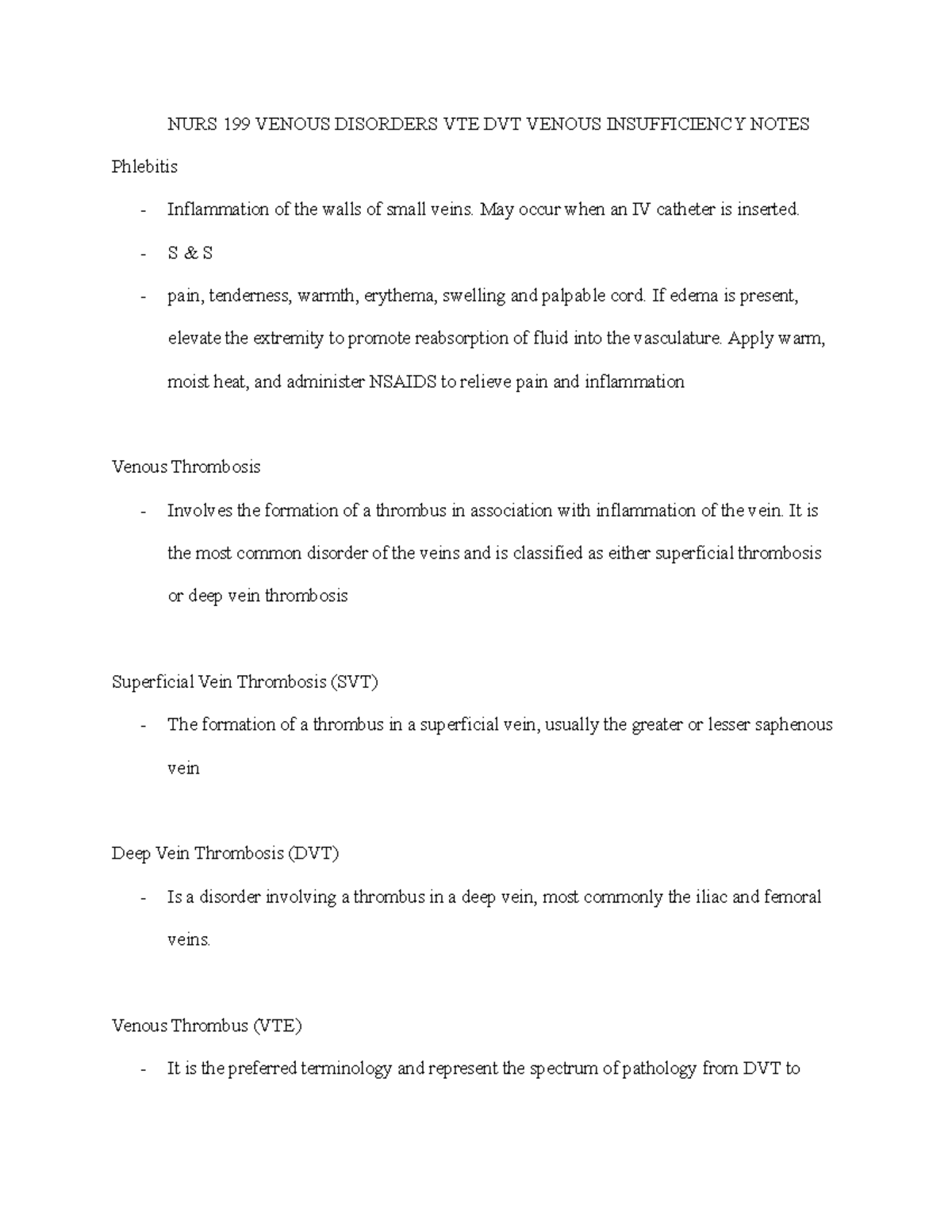 NURS 199 Venous Disorders VTE DVT Venous Insufficiency Notes - NURS 199 ...