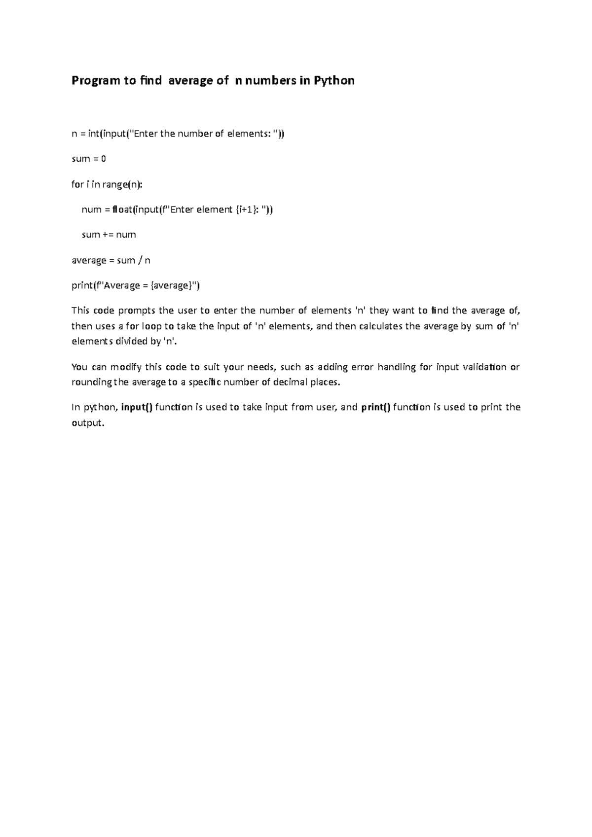 Average Python Program To Find Average Of N Numbers In Python N